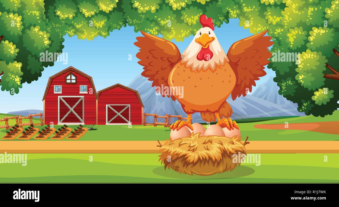 Hen at the farmland illustration Stock Vector Image & Art - Alamy