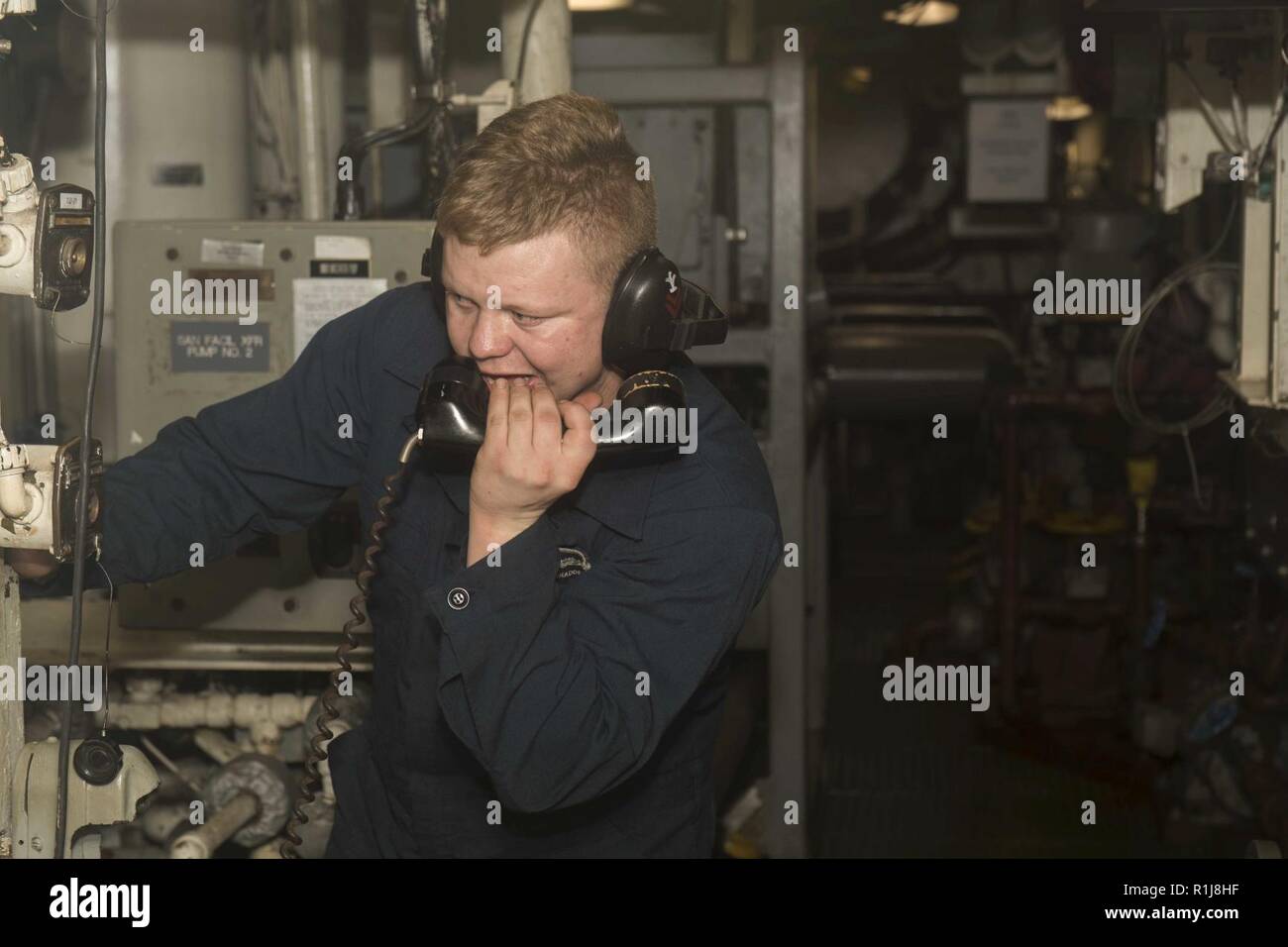 GULF OF ADEN (Oct. 8, 2018) Engineman 2nd Class Denver Shadden uses a ...
