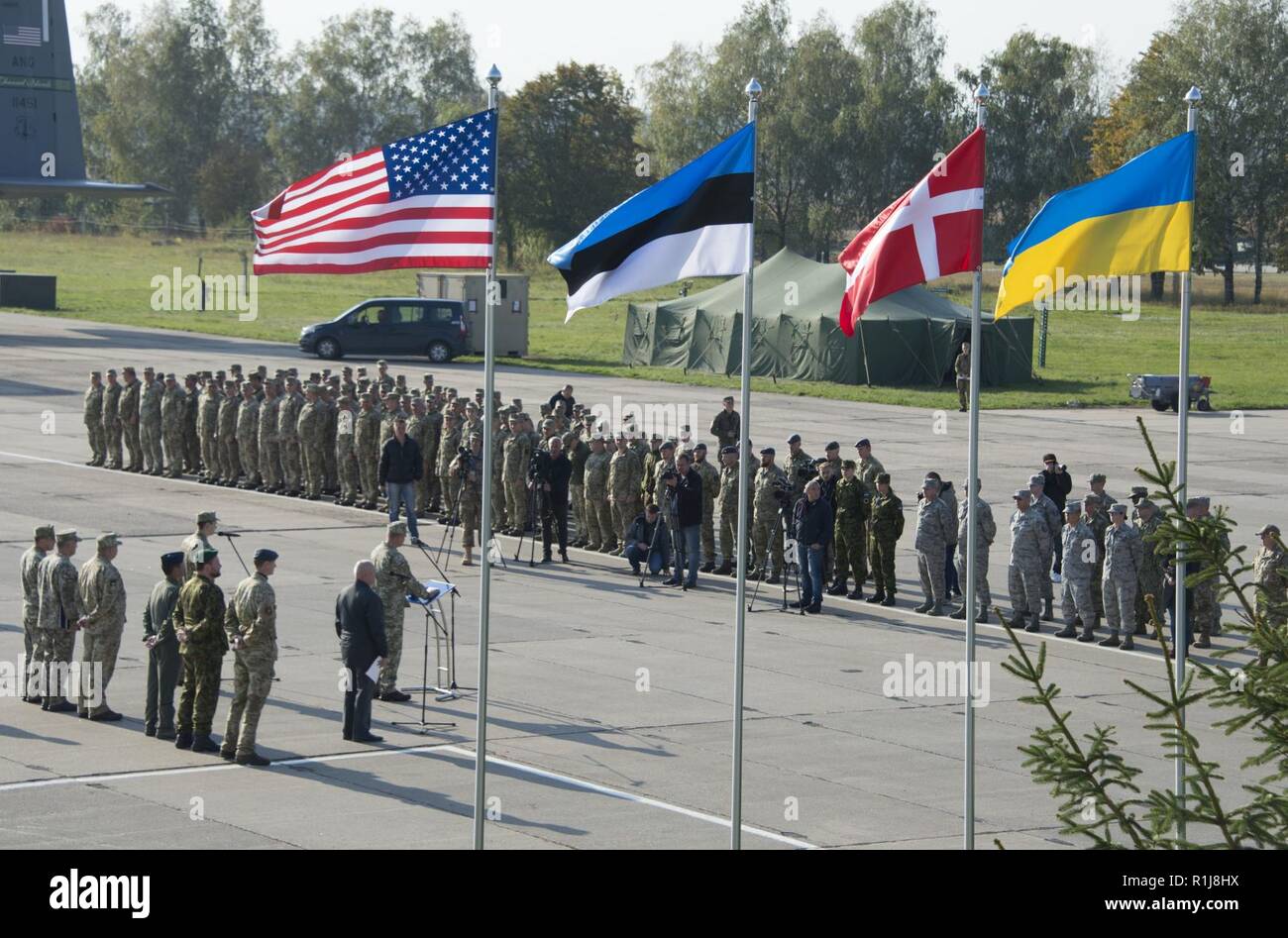 A formation of Americans, Estonians Swiss and Ukrainian military at the ...