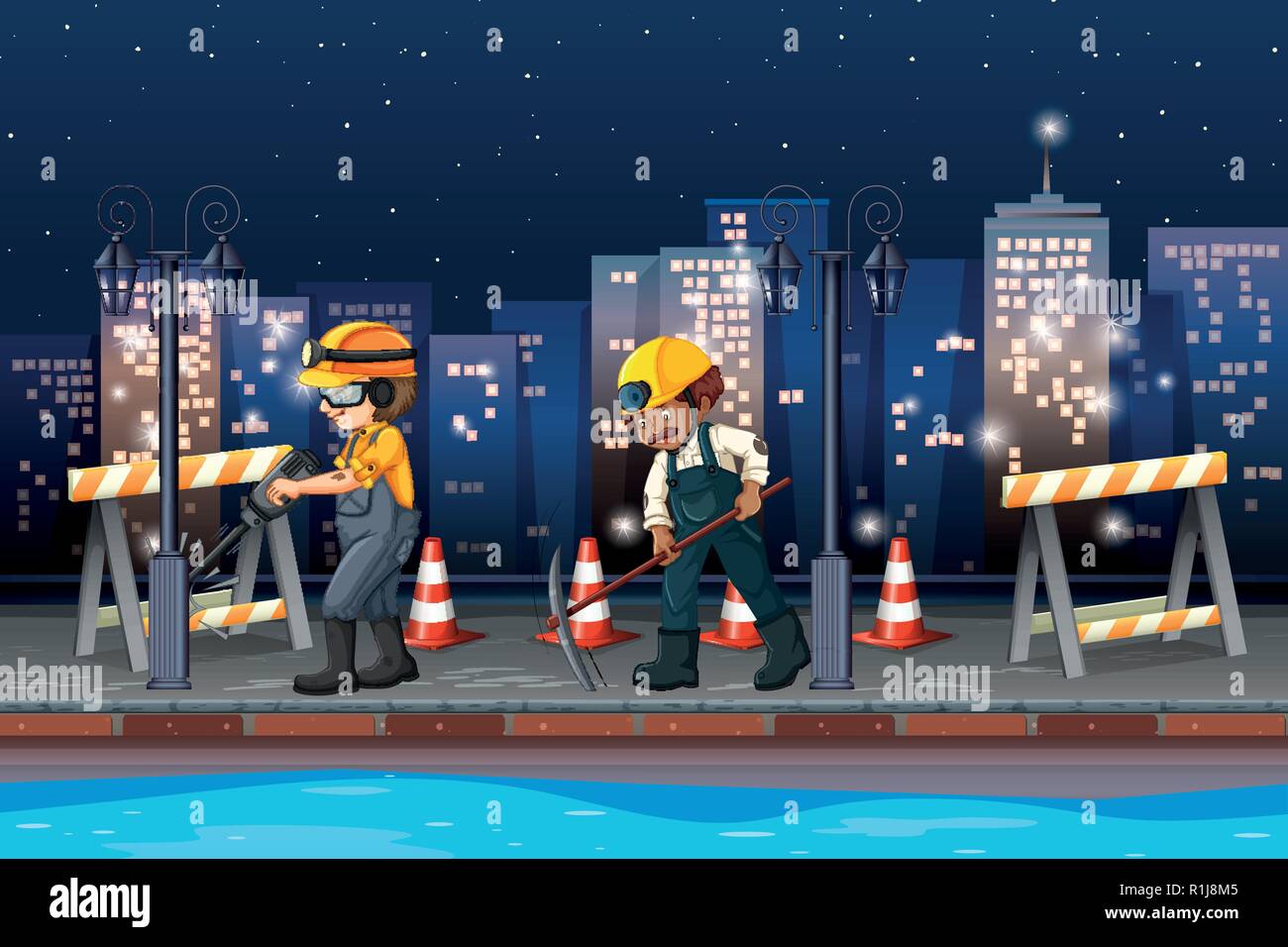 Constuction working at night illustration Stock Vector Image & Art - Alamy