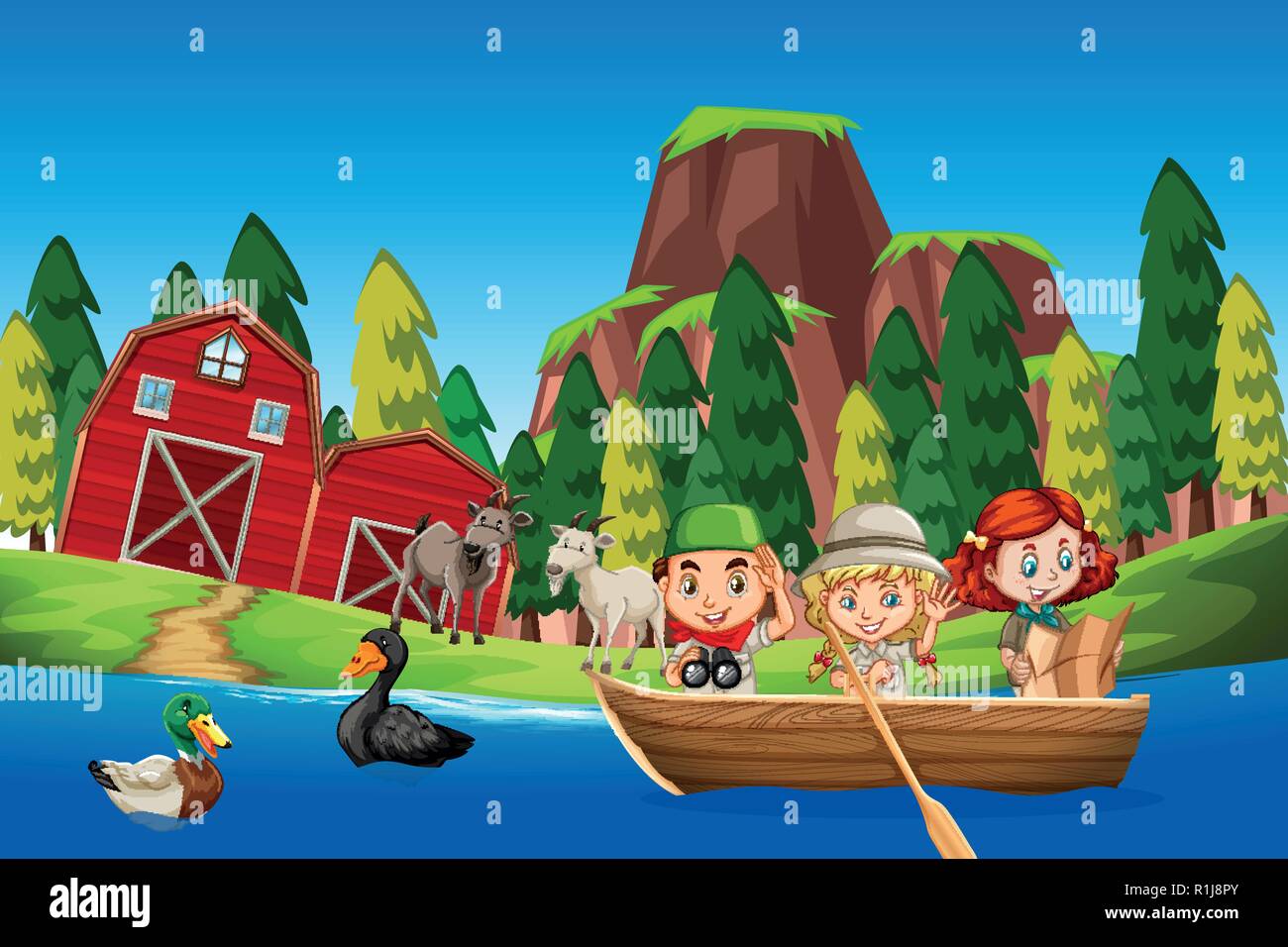 Children in a boat farm scene illustration Stock Vector Image & Art - Alamy
