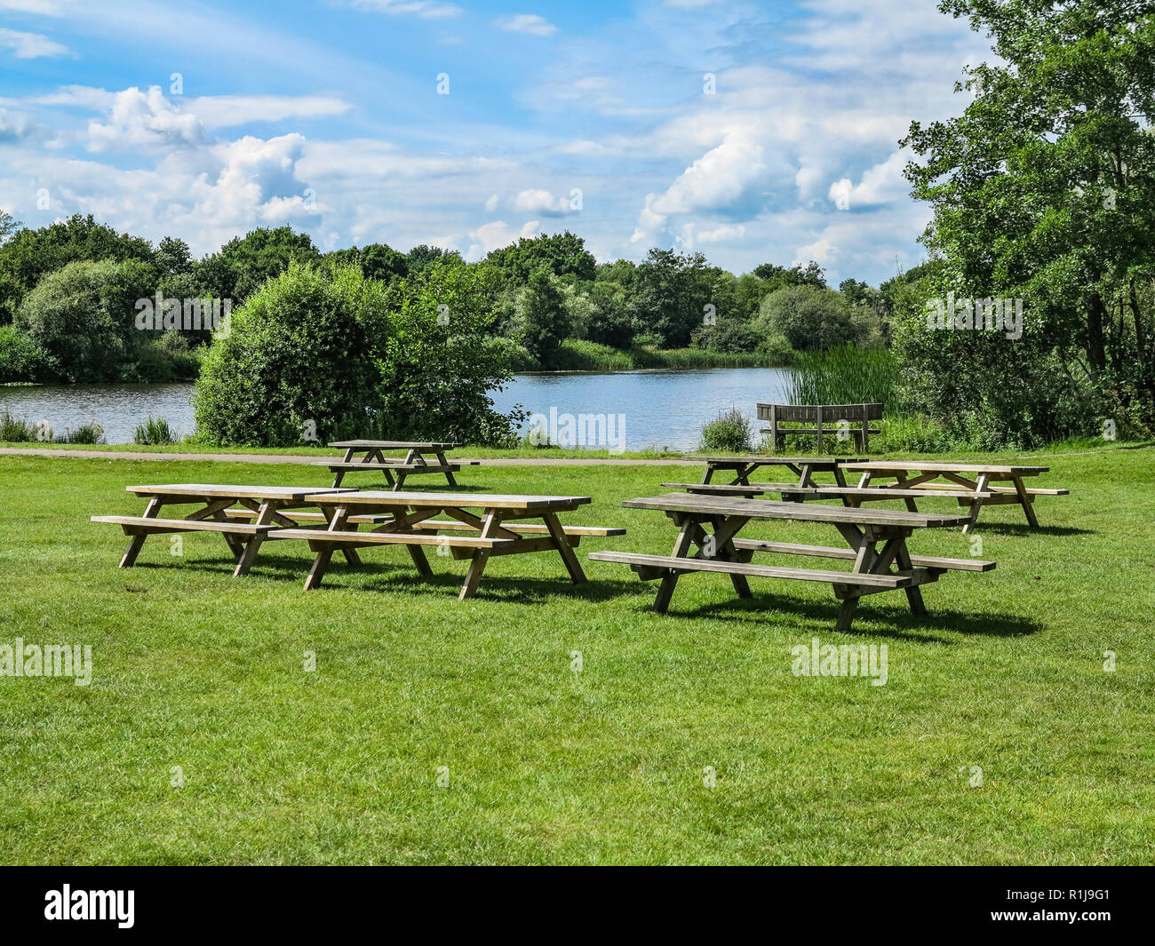 Some picnic tables with a lake and trees behind Stock Photo - Alamy