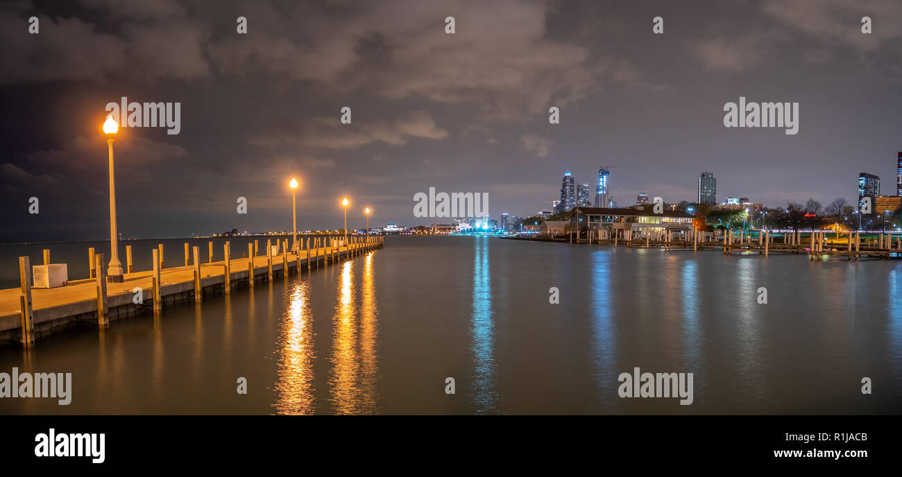 Wooden Dock in Michigan Lake With Chicago Skyline in the Background ...