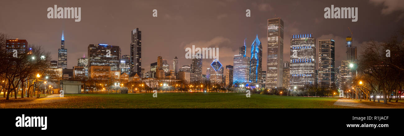 Wide Panorama of Downtown Chicago Skyline At Fall Season Stock Photo ...