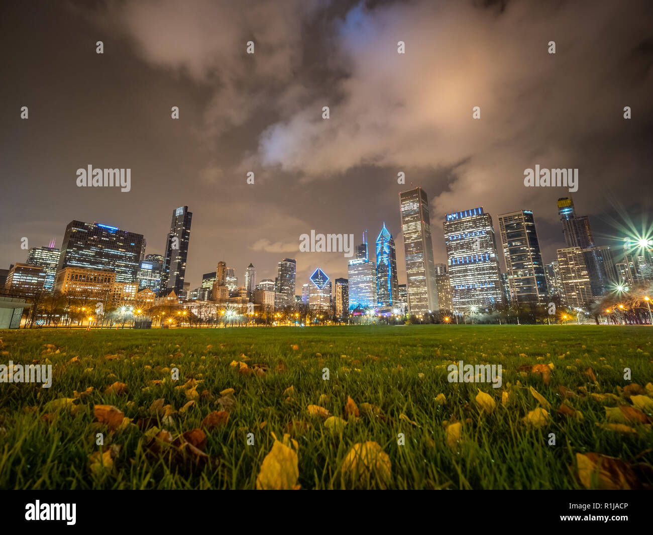Low Angle Picture of Downtown Chicago Skyline During Winter Night Stock ...