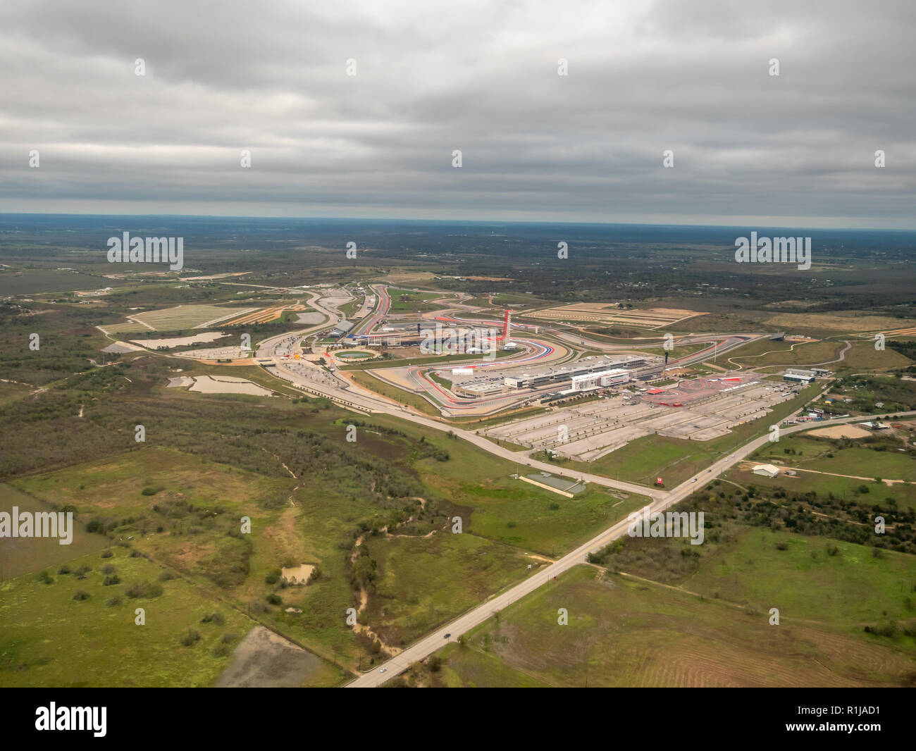 Aerial View Trace Track in Austin Texas with Storm Clouds in the Sky ...