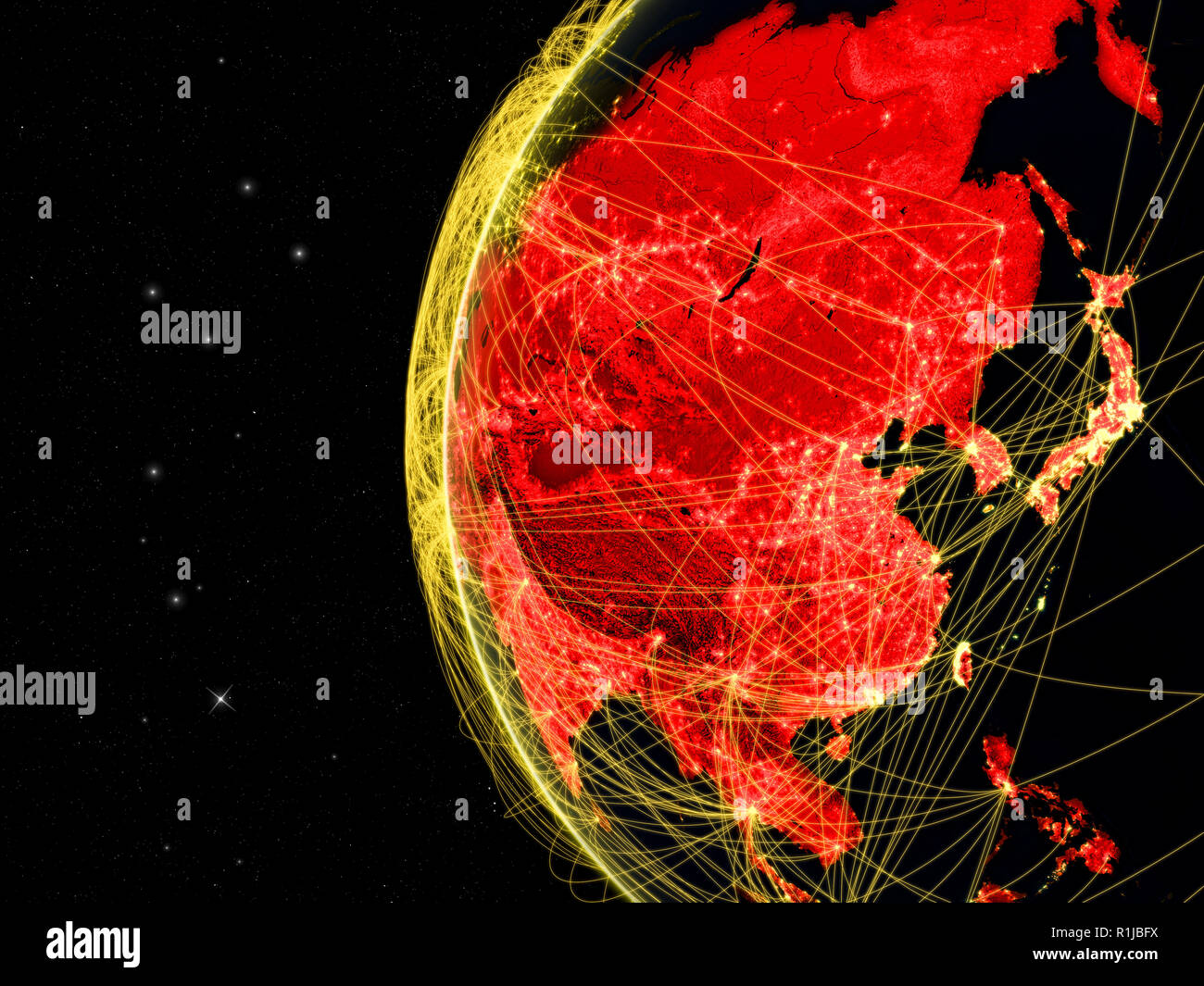 Asia on dark Earth with network representing telecommunications ...