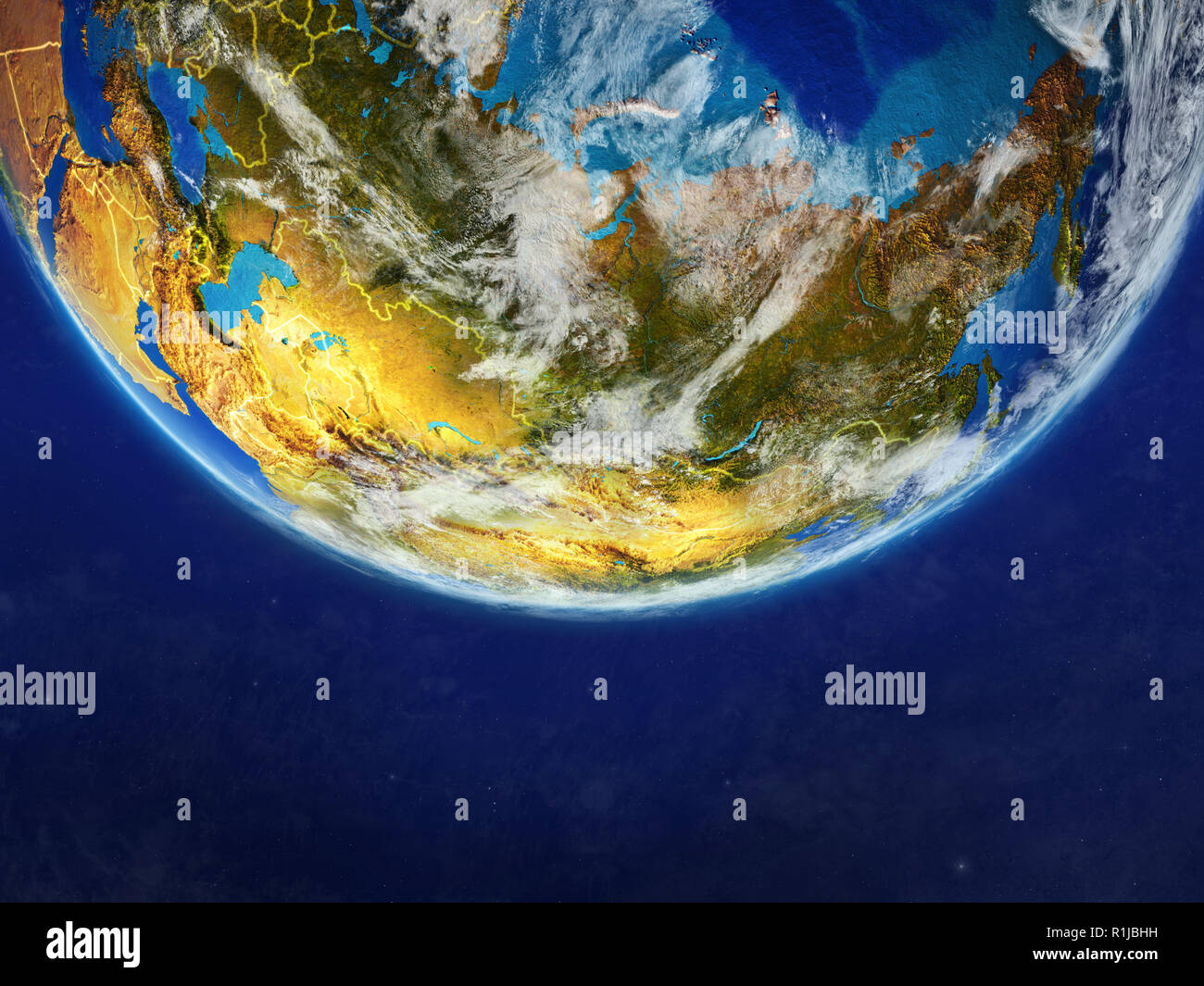 Asia from space on model of planet Earth with country borders ...