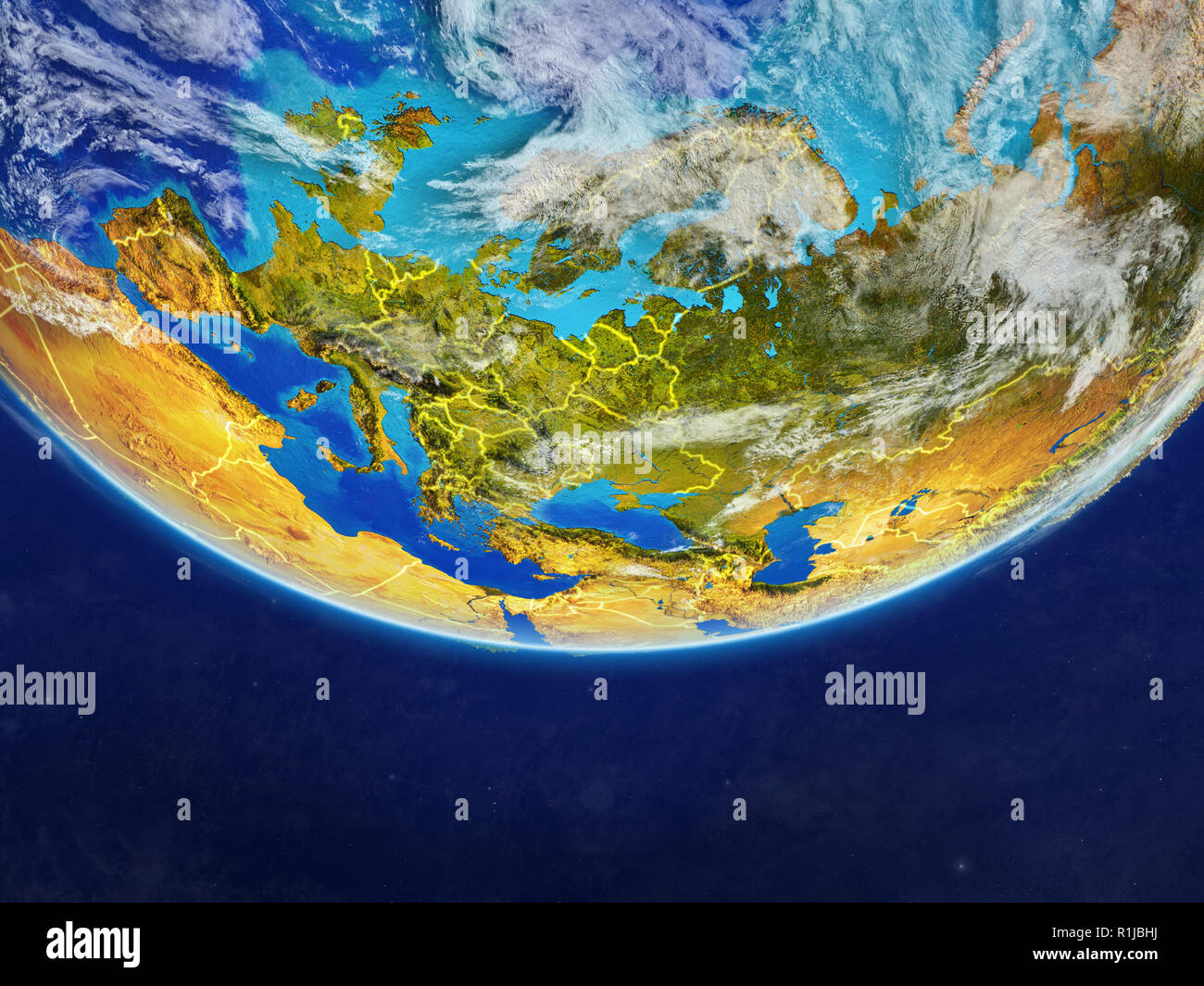 Europe from space on model of planet Earth with country borders ...