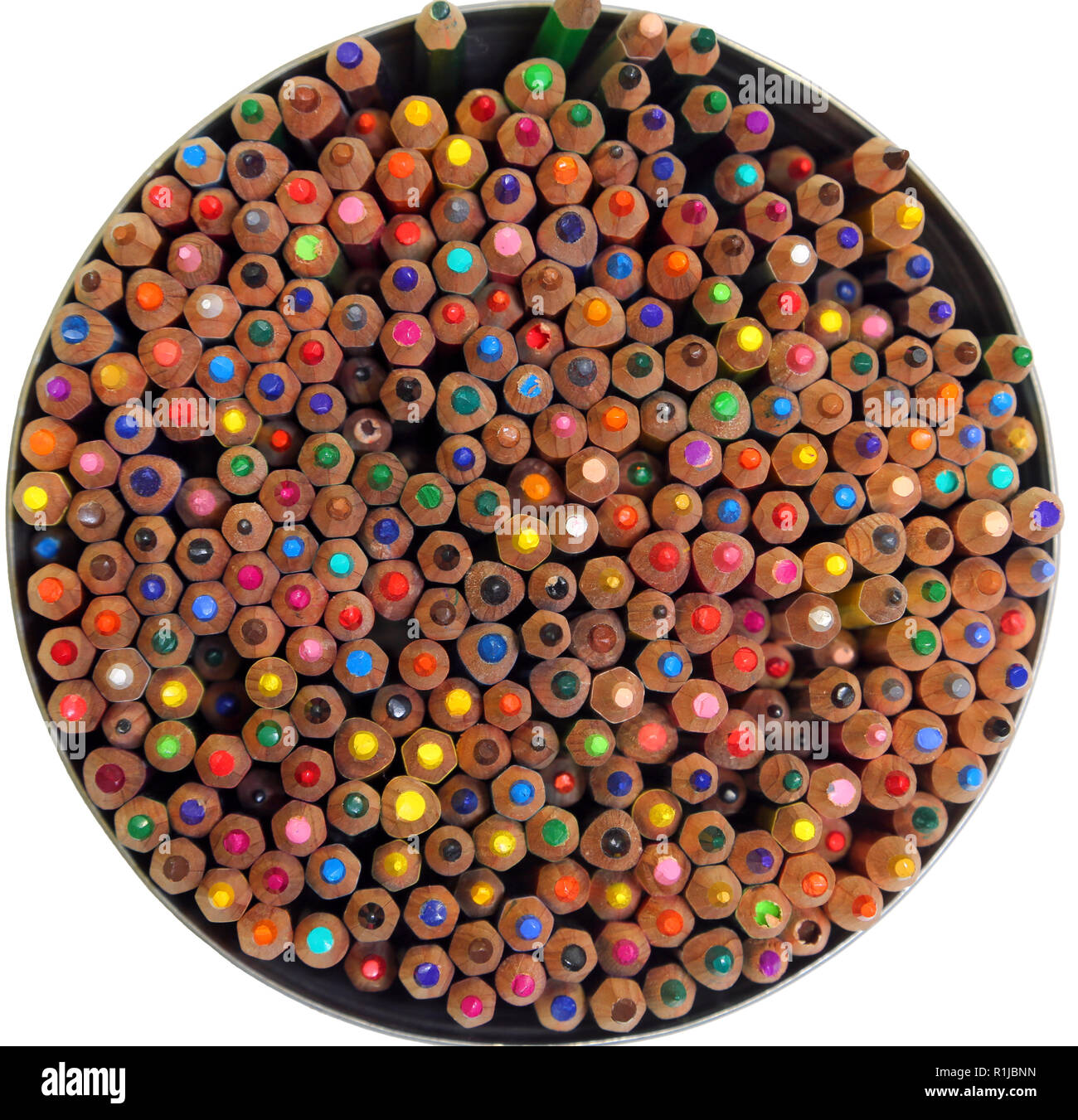 circle of colorful wooden crayons of various colors on white background ...