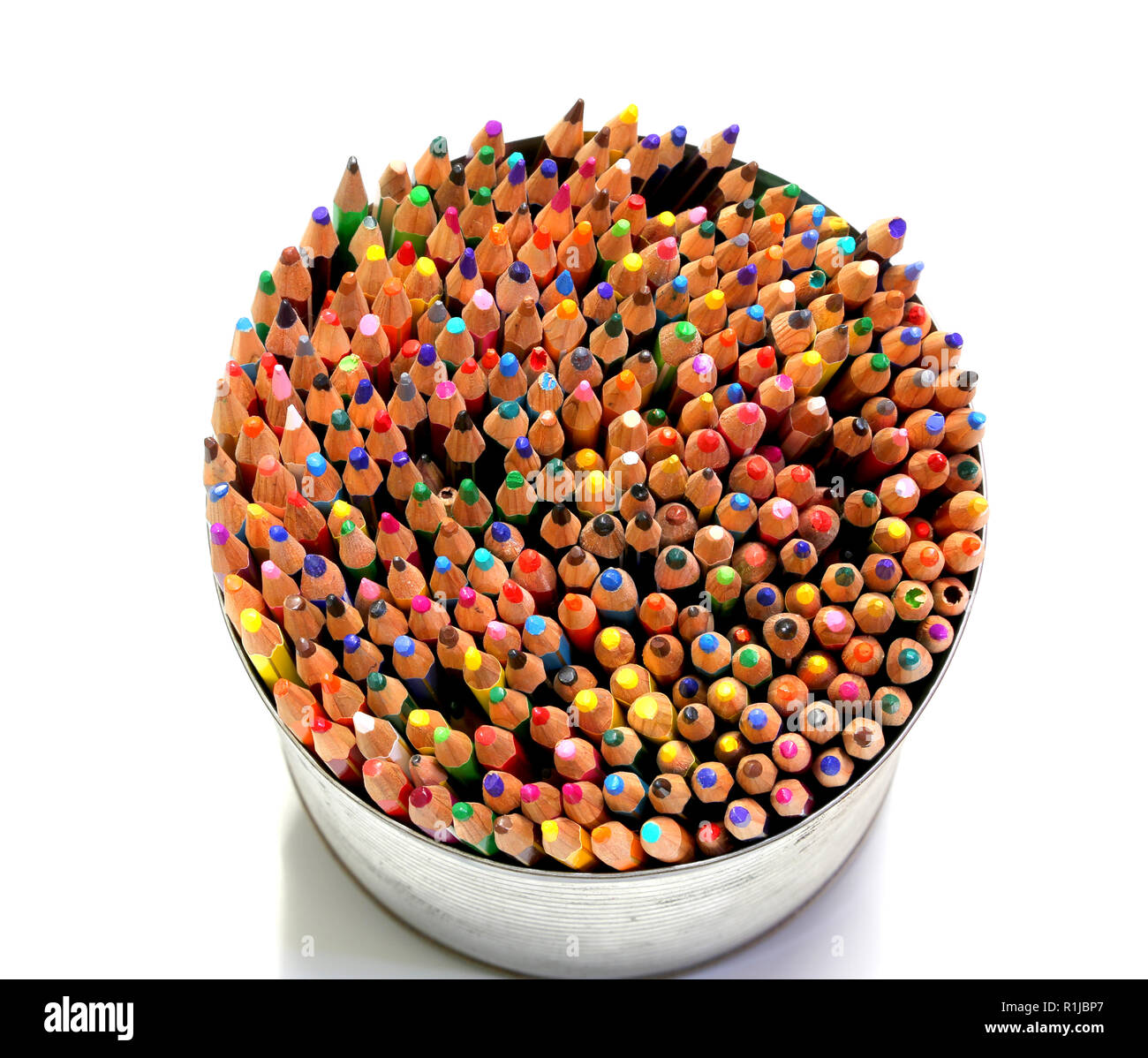 many crayons in the metal jar on white background Stock Photo - Alamy