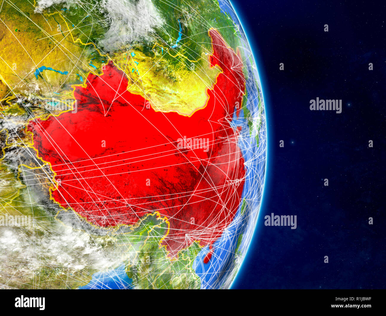 China on planet Earth with networks. Extremely detailed planet surface ...
