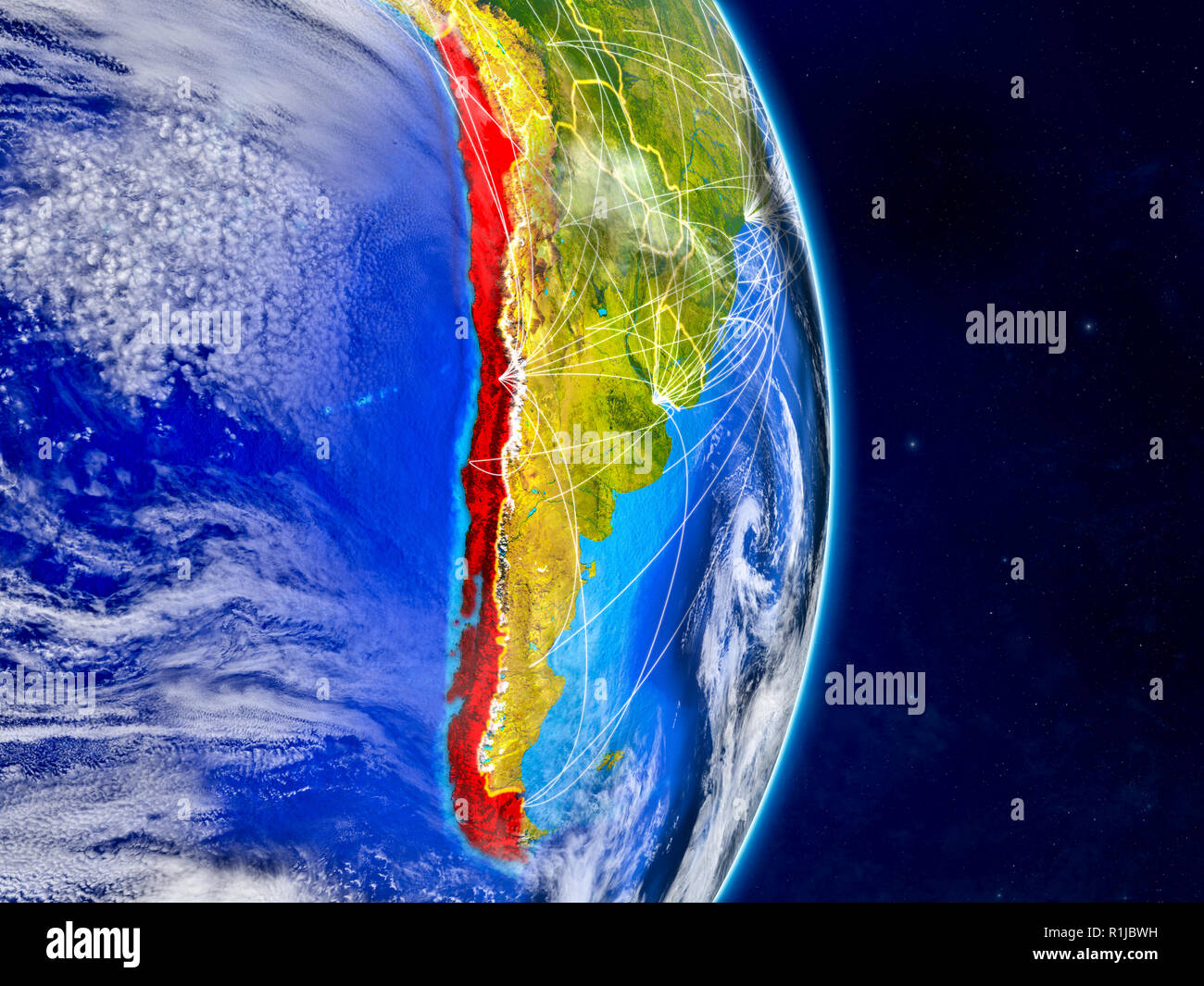Chile on planet Earth with networks. Extremely detailed planet surface ...