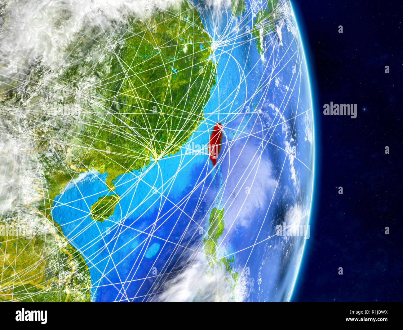 Taiwan on planet Earth with networks. Extremely detailed planet surface ...
