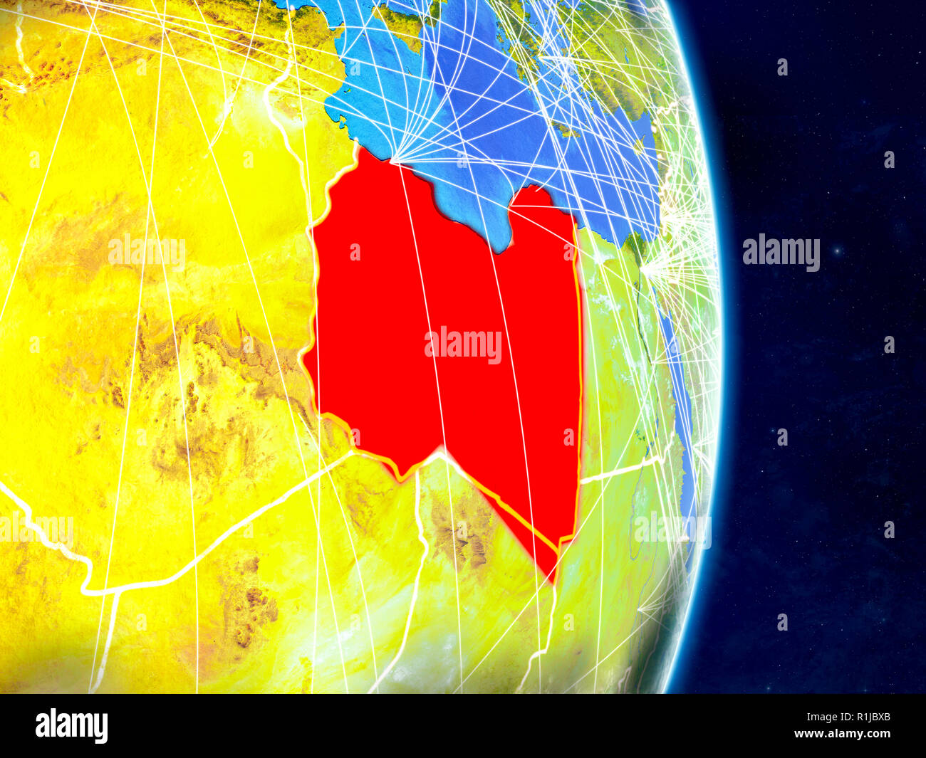 Libya on planet Earth with networks. Extremely detailed planet surface ...
