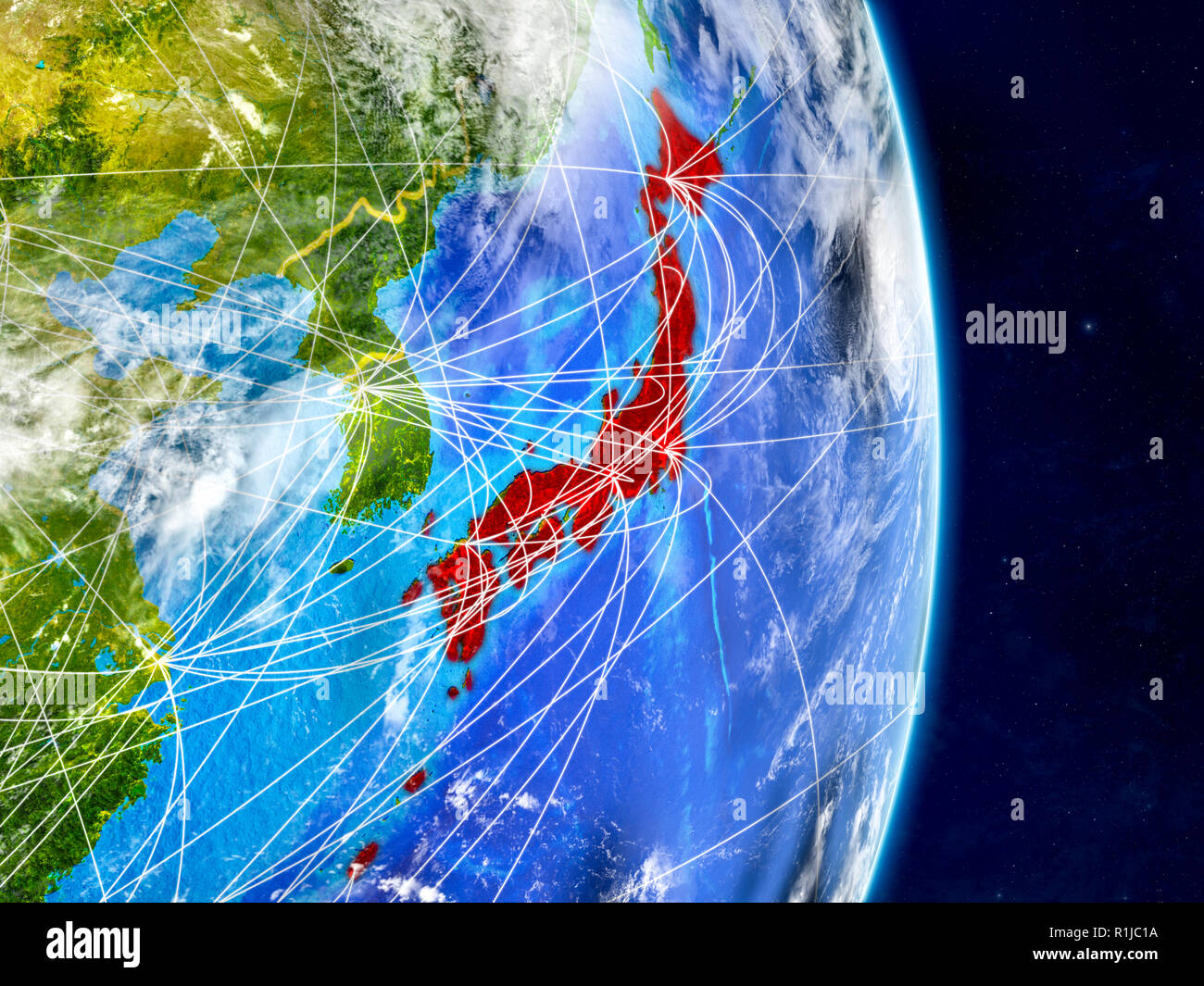Japan on planet Earth with networks. Extremely detailed planet surface ...