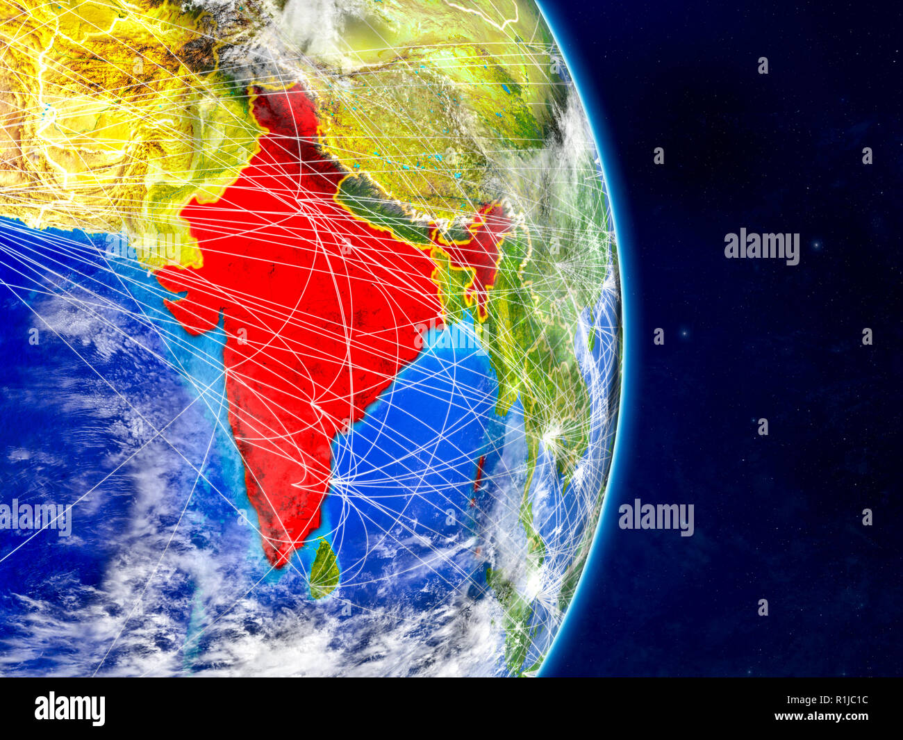 India on planet Earth with networks. Extremely detailed planet surface ...