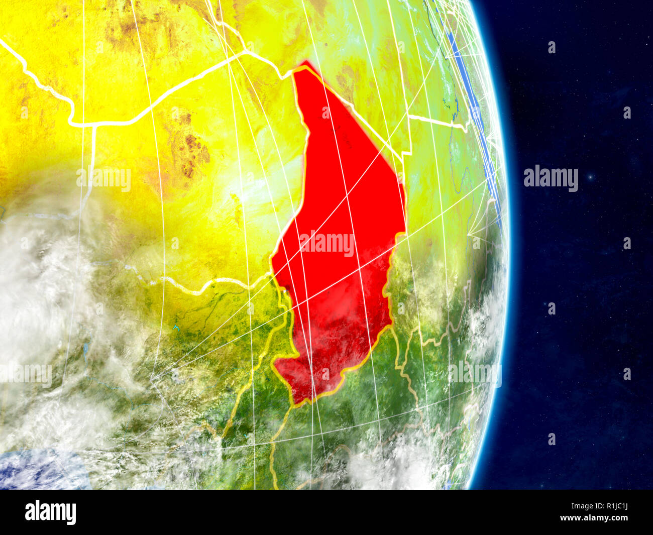 Chad on planet Earth with networks. Extremely detailed planet surface ...