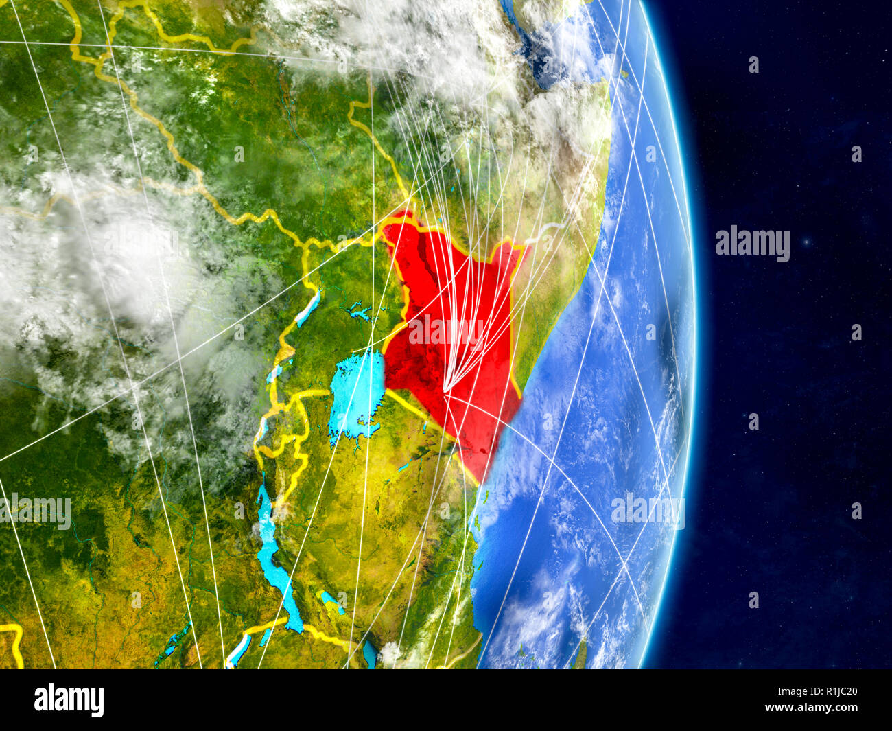 Kenya on planet Earth with networks. Extremely detailed planet surface ...