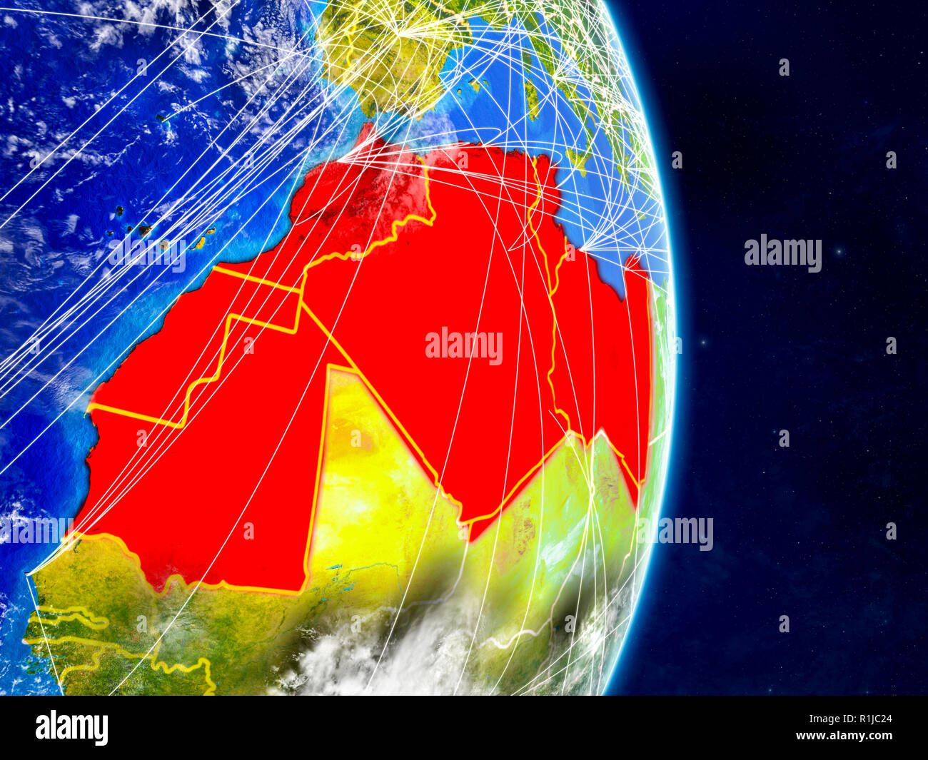 Maghreb region on planet Earth with networks. Extremely detailed planet ...