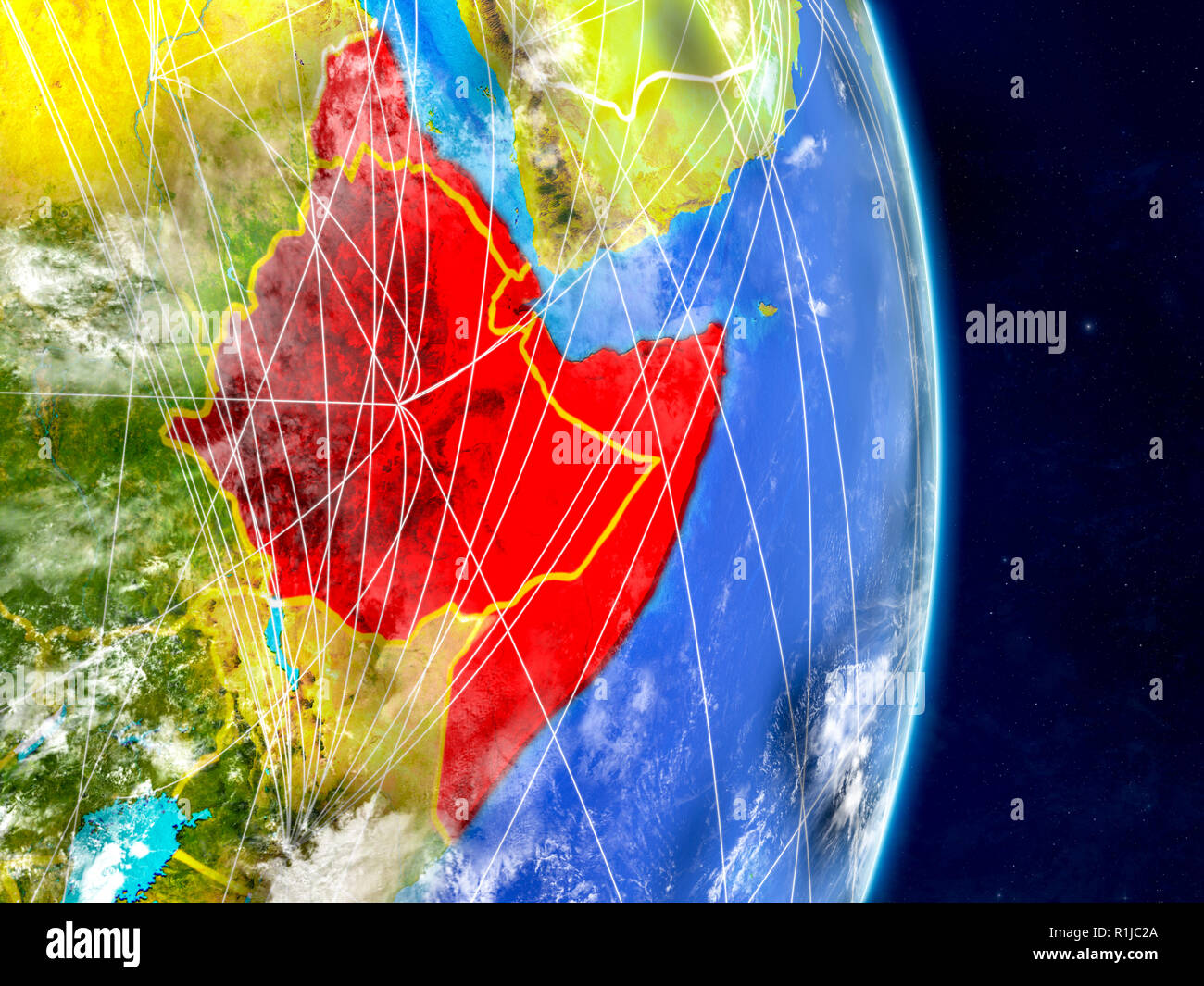 Horn of Africa on planet Earth with networks. Extremely detailed planet ...