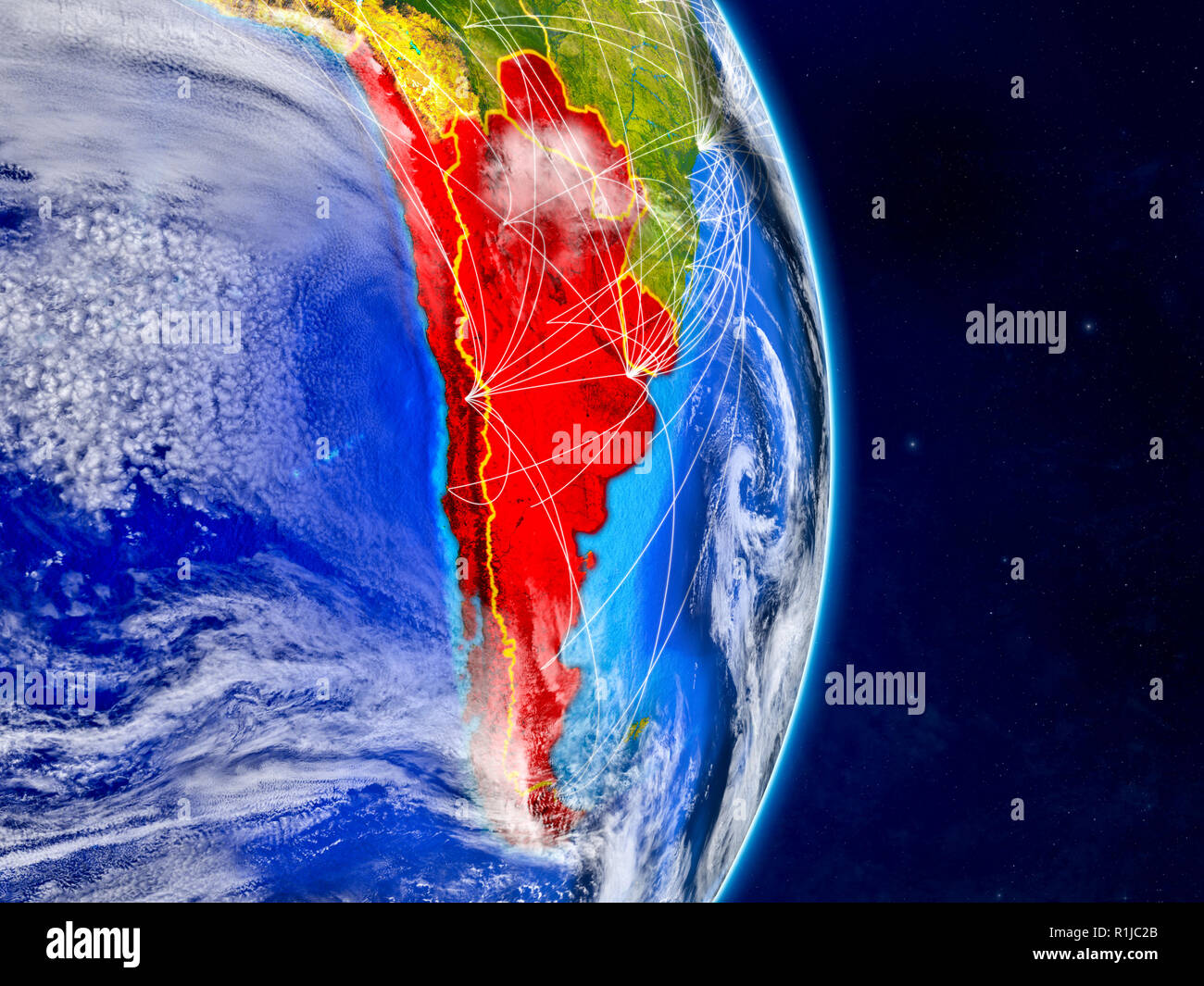 Southern Cone on planet Earth with networks. Extremely detailed planet ...