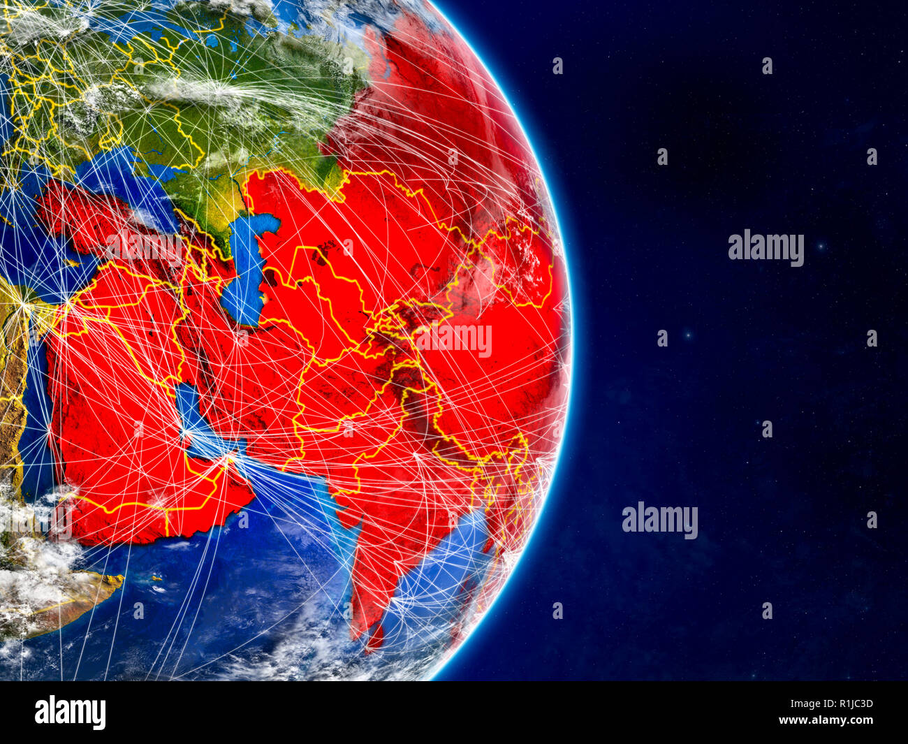 Asia on planet Earth with networks. Extremely detailed planet surface ...