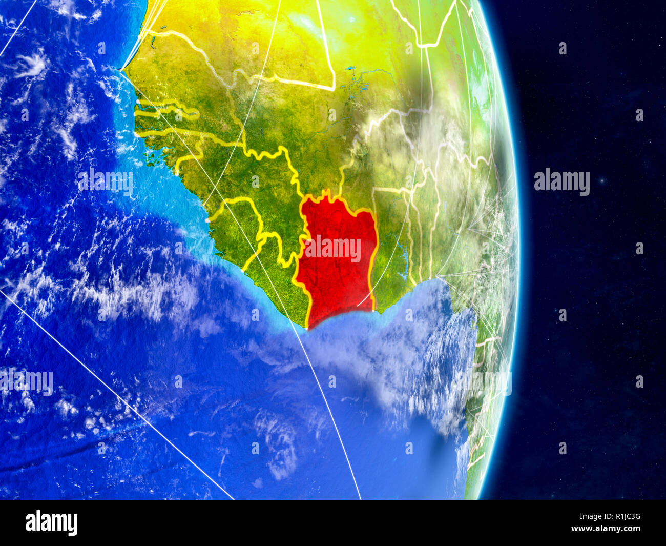 Ivory Coast on planet Earth with networks. Extremely detailed planet ...