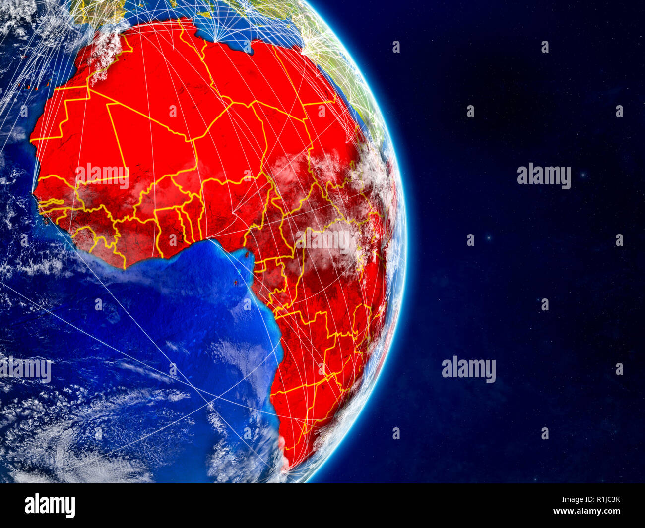 Africa on planet Earth with networks. Extremely detailed planet surface ...