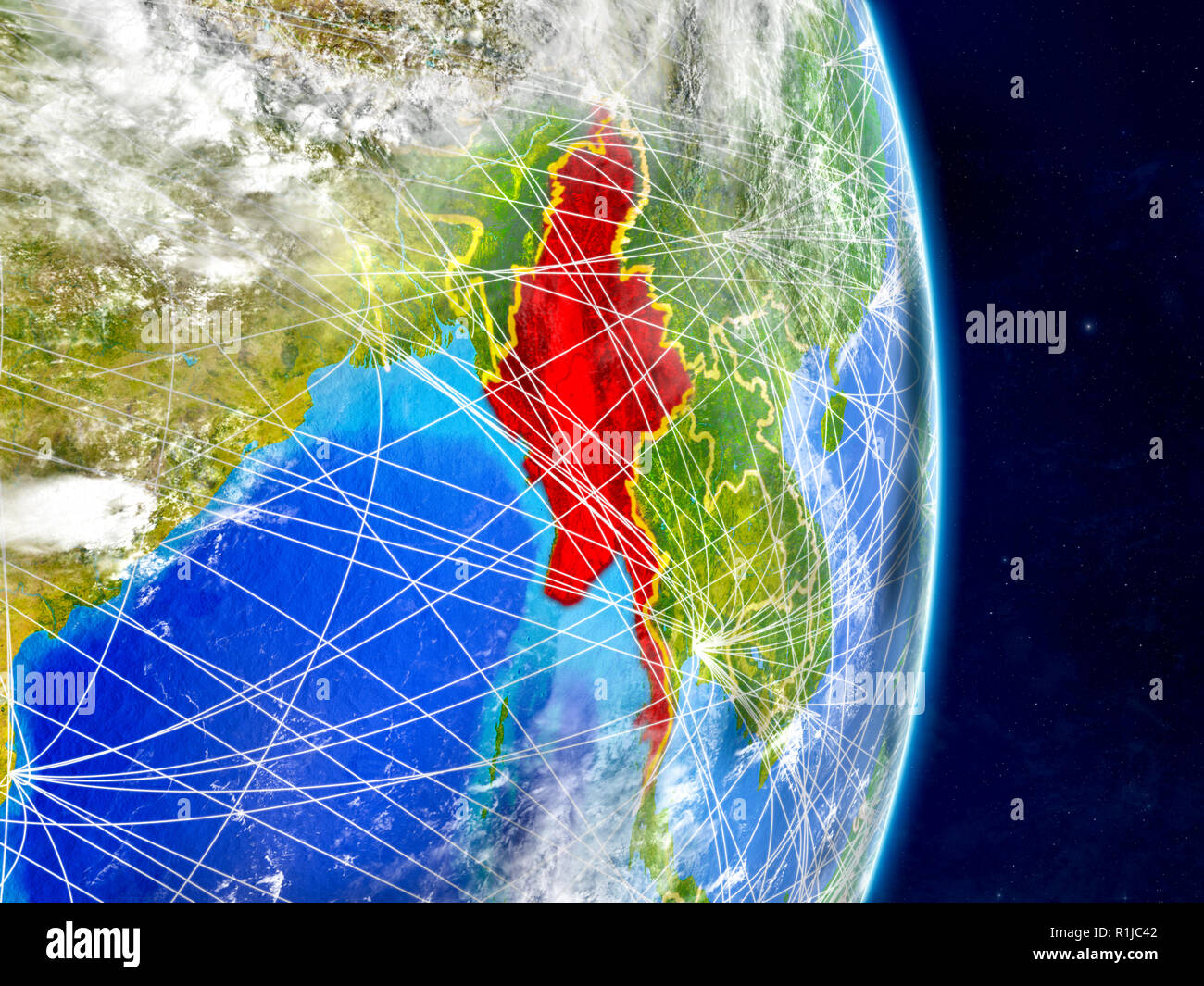 Myanmar on planet Earth with networks. Extremely detailed planet ...