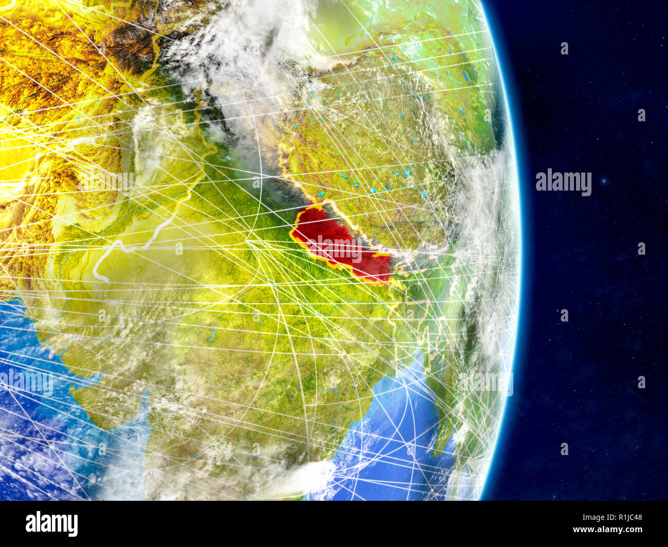 Nepal on planet Earth with networks. Extremely detailed planet surface ...