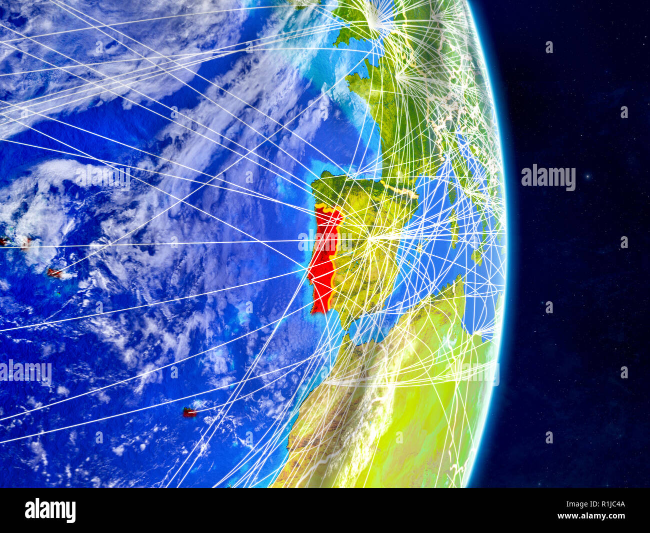 Portugal on planet Earth with networks. Extremely detailed planet ...