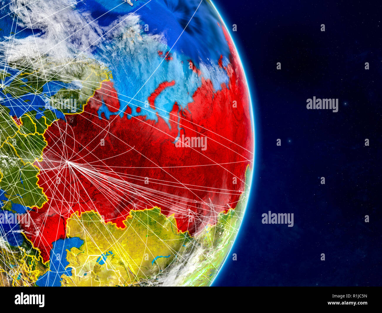 Russia on planet Earth with networks. Extremely detailed planet surface ...