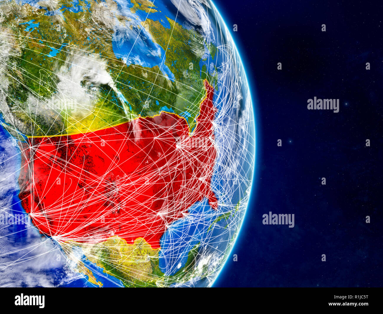 USA on planet Earth with networks. Extremely detailed planet surface ...