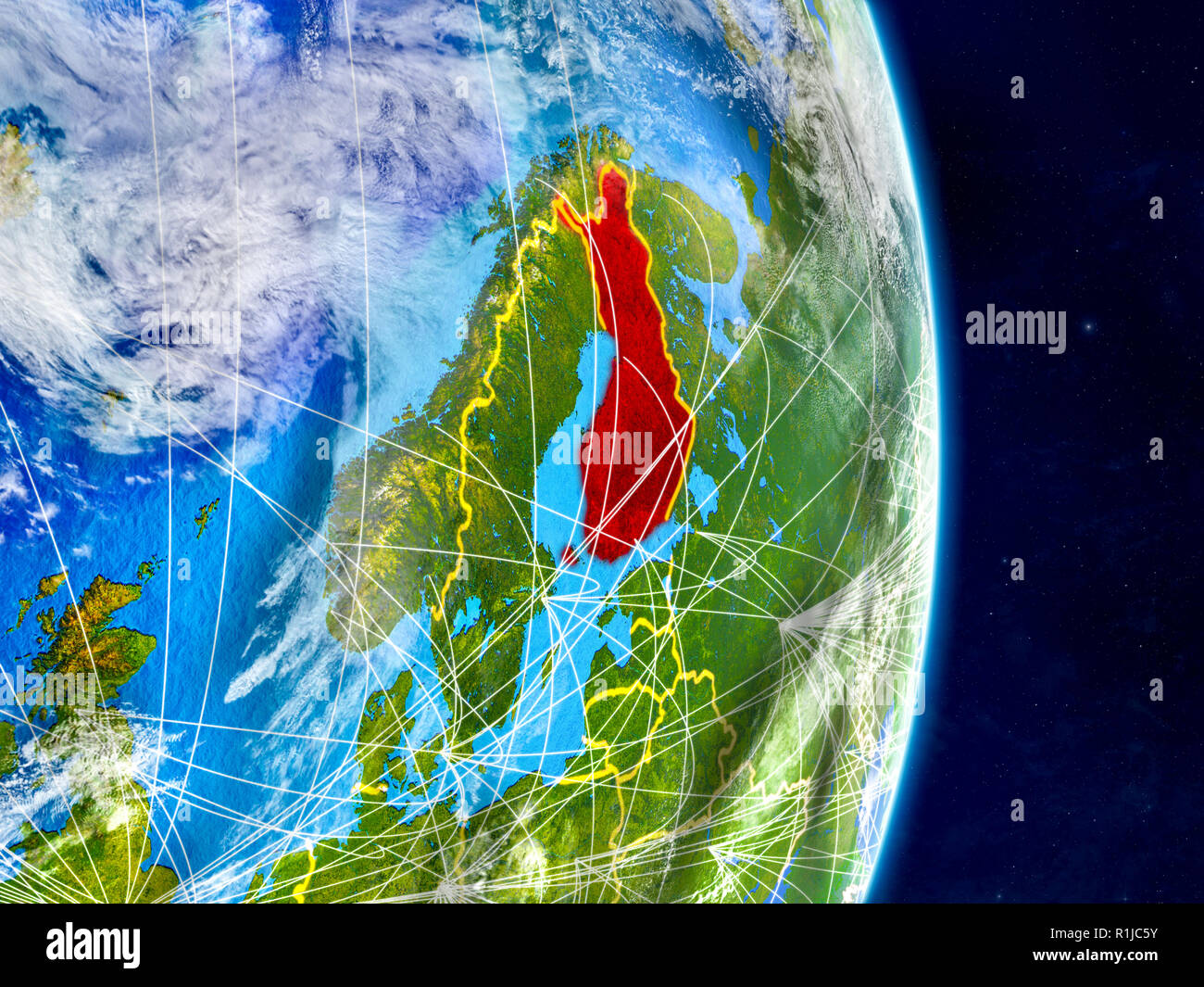 Finland on planet Earth with networks. Extremely detailed planet ...