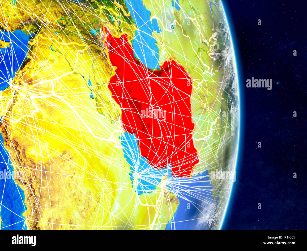 Iran on planet Earth with networks. Extremely detailed planet surface ...