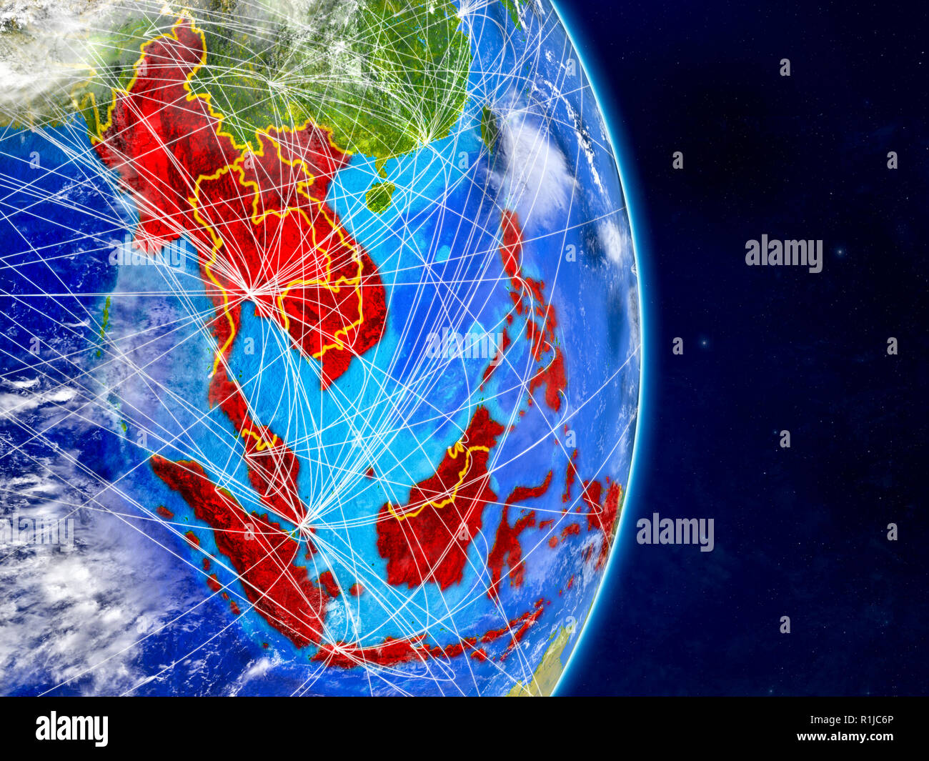South East Asia on planet Earth with networks. Extremely detailed ...