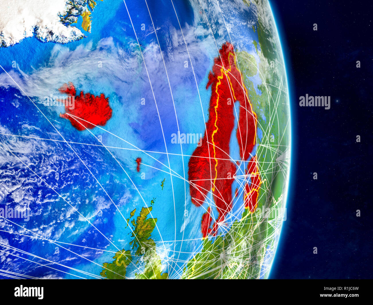 Northern Europe on planet Earth with networks. Extremely detailed ...