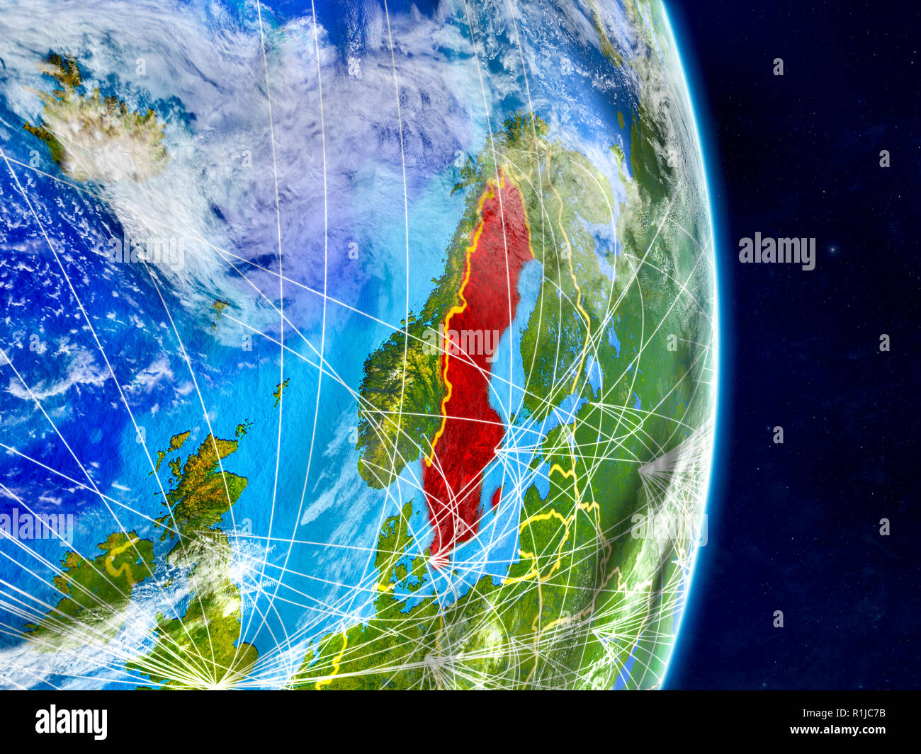 Sweden on planet Earth with networks. Extremely detailed planet surface ...