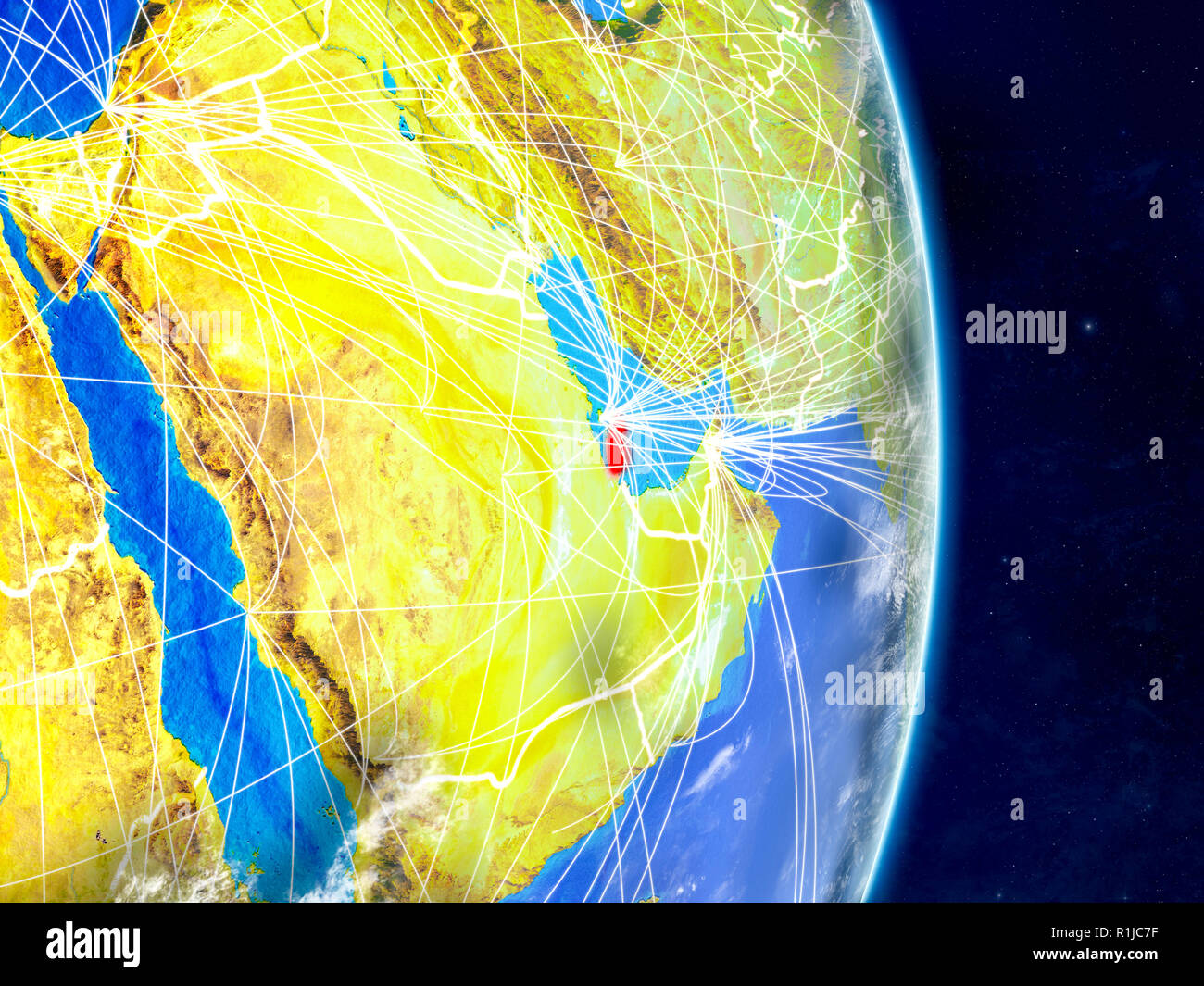 Qatar on planet Earth with networks. Extremely detailed planet surface ...