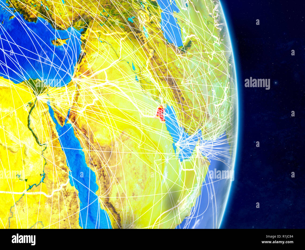 Kuwait on planet Earth with networks. Extremely detailed planet surface ...