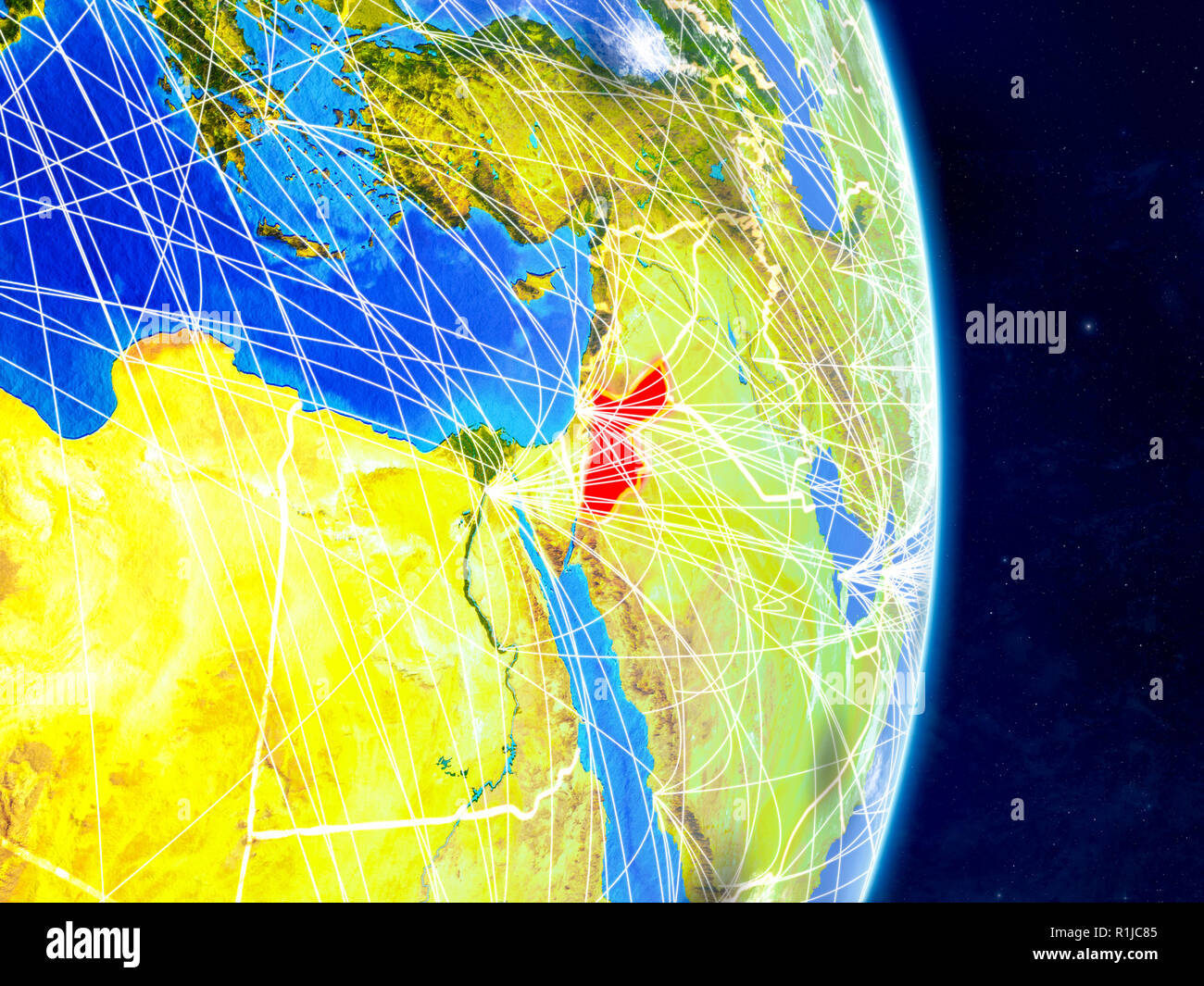 Jordan on planet Earth with networks. Extremely detailed planet surface ...