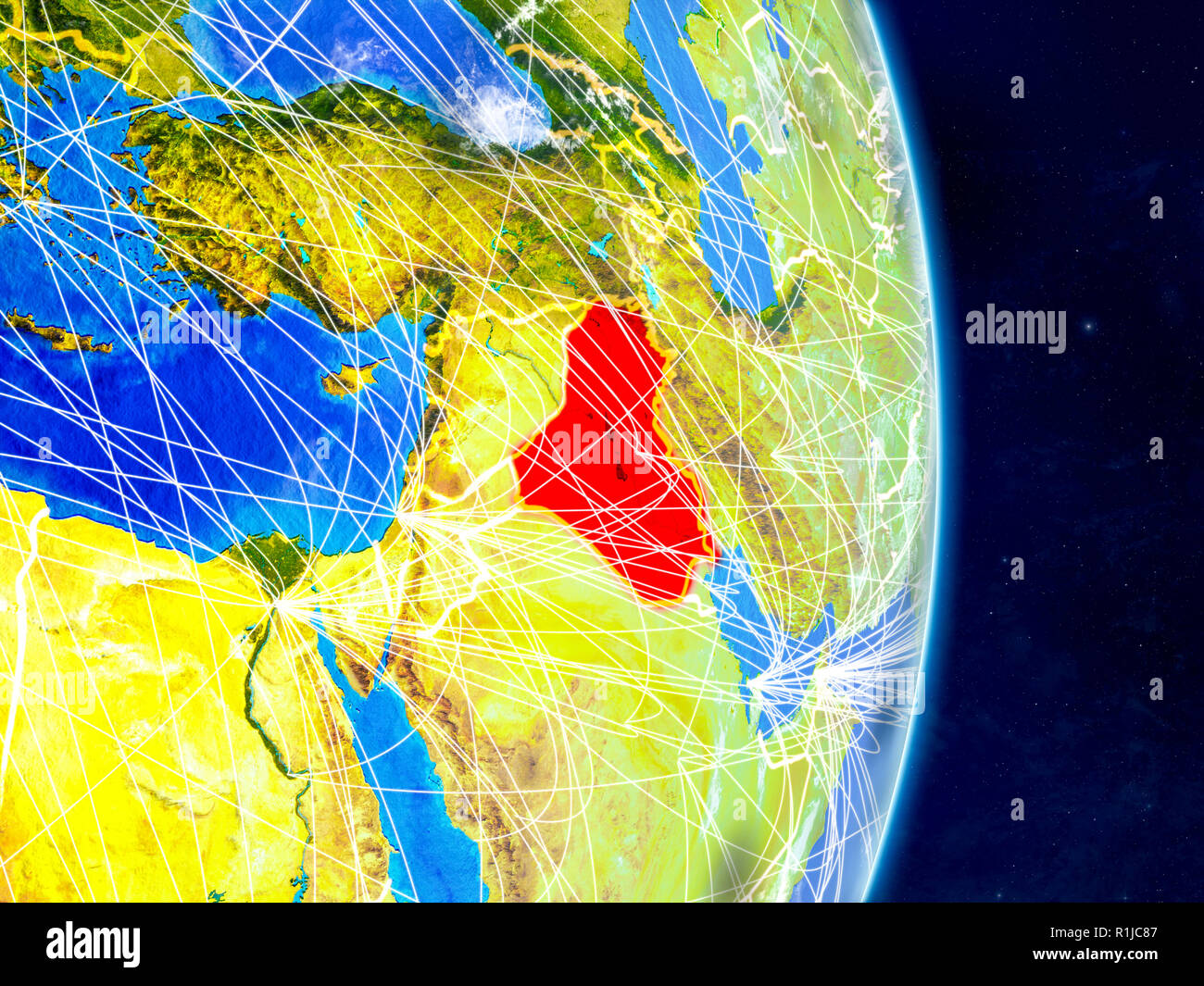 Iraq on planet Earth with networks. Extremely detailed planet surface and clouds. 3D ...