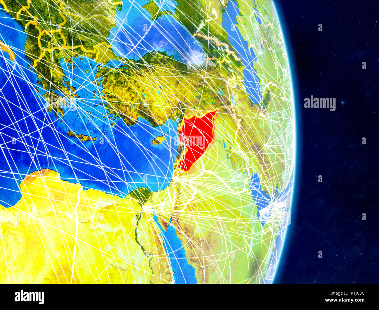 Syria on planet Earth with networks. Extremely detailed planet surface ...