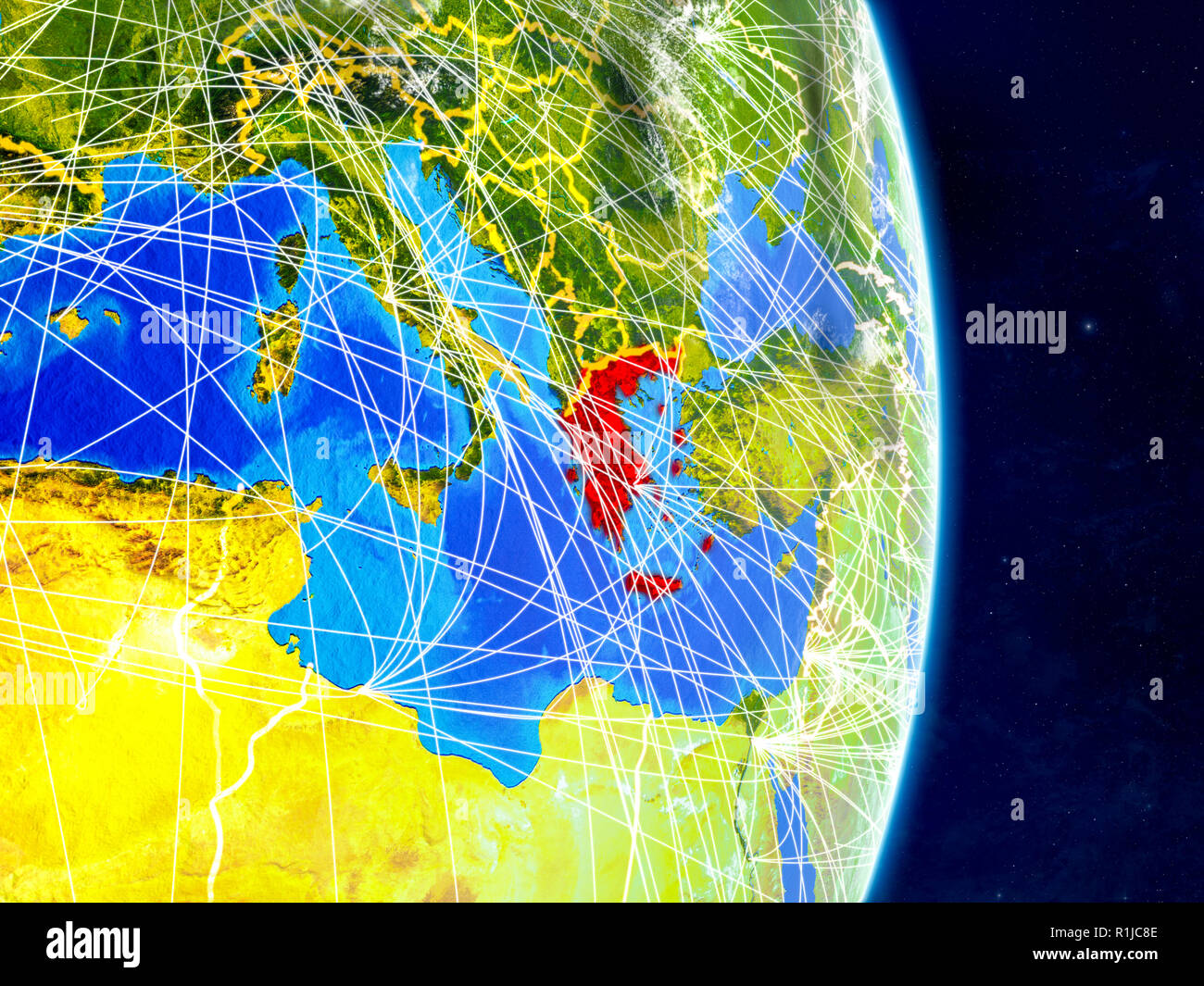 Greece on planet Earth with networks. Extremely detailed planet surface ...