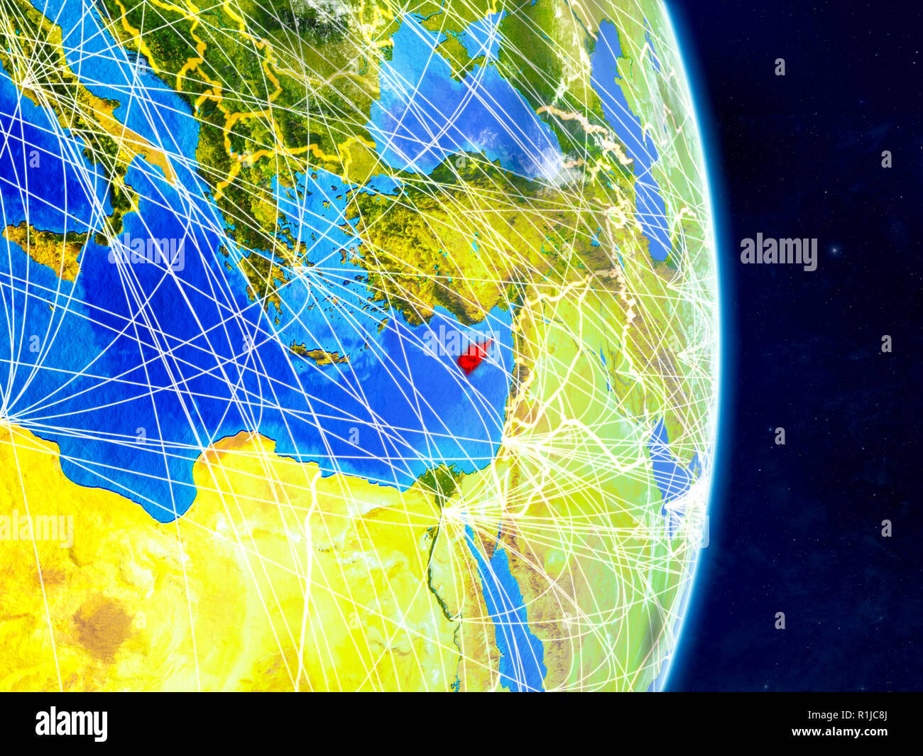 Cyprus on planet Earth with networks. Extremely detailed planet surface ...