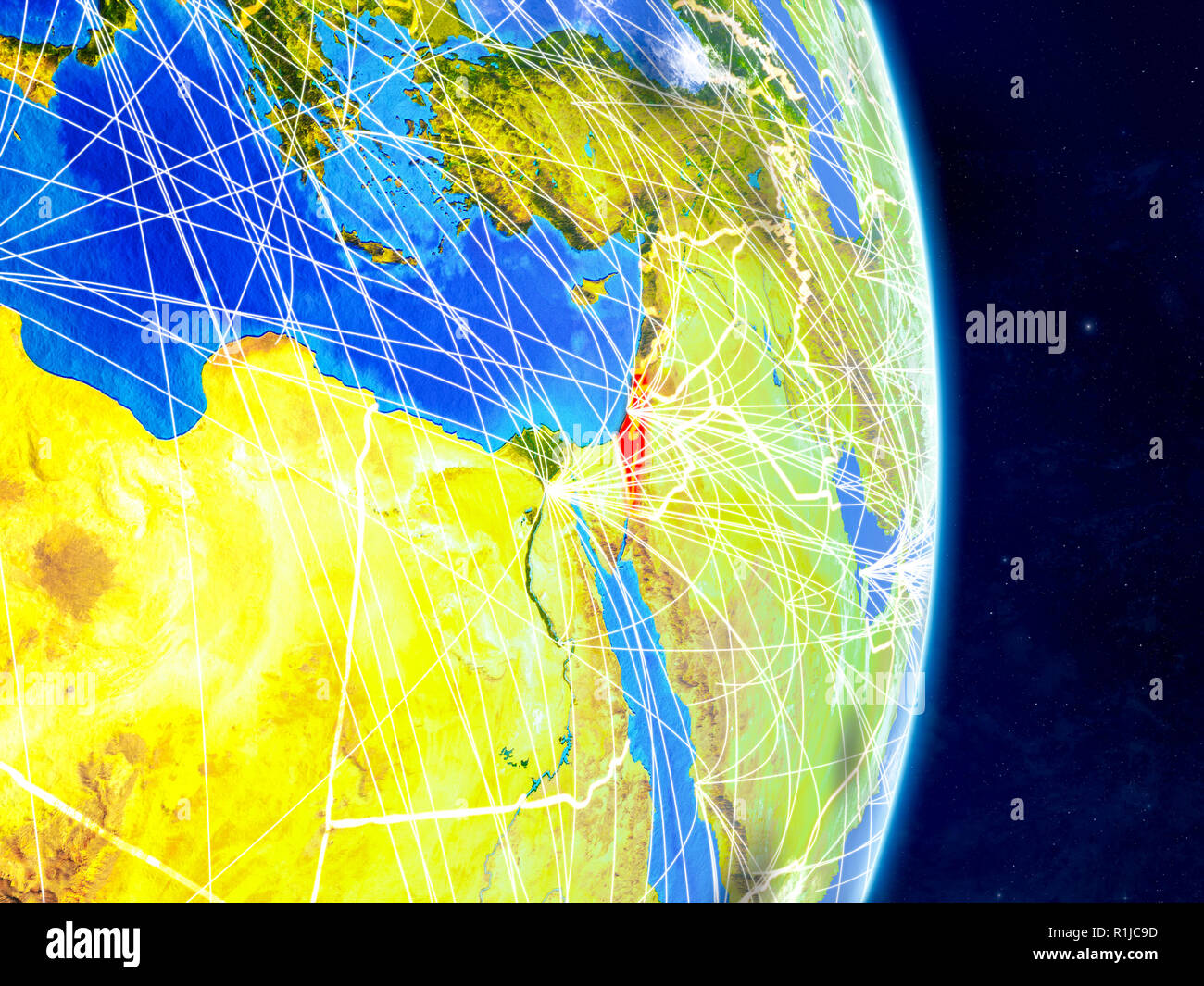 Israel on planet Earth with networks. Extremely detailed planet surface ...