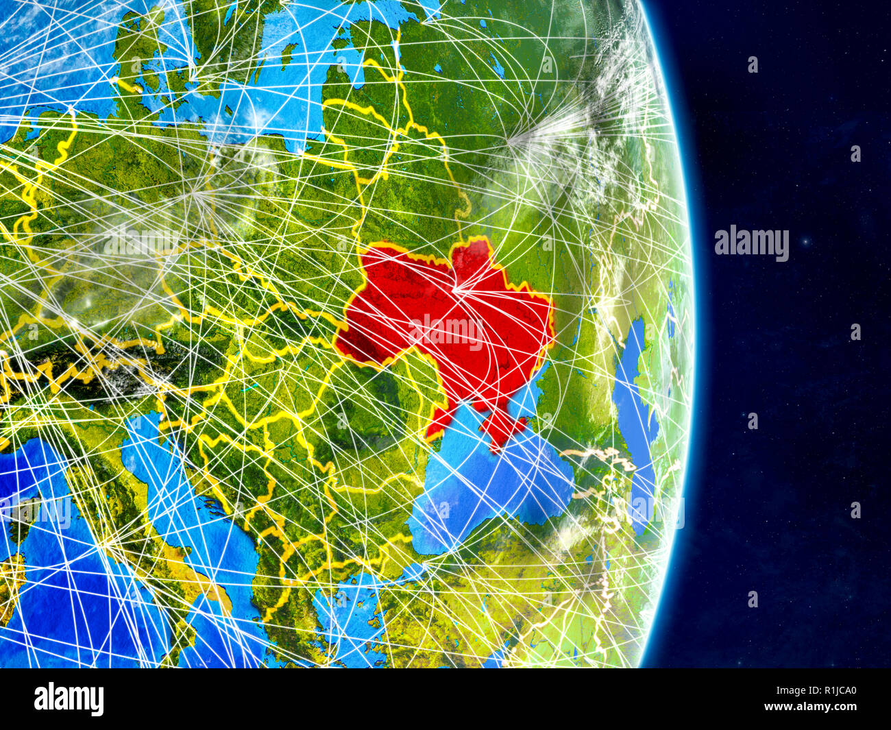 Ukraine on planet Earth with networks. Extremely detailed planet ...