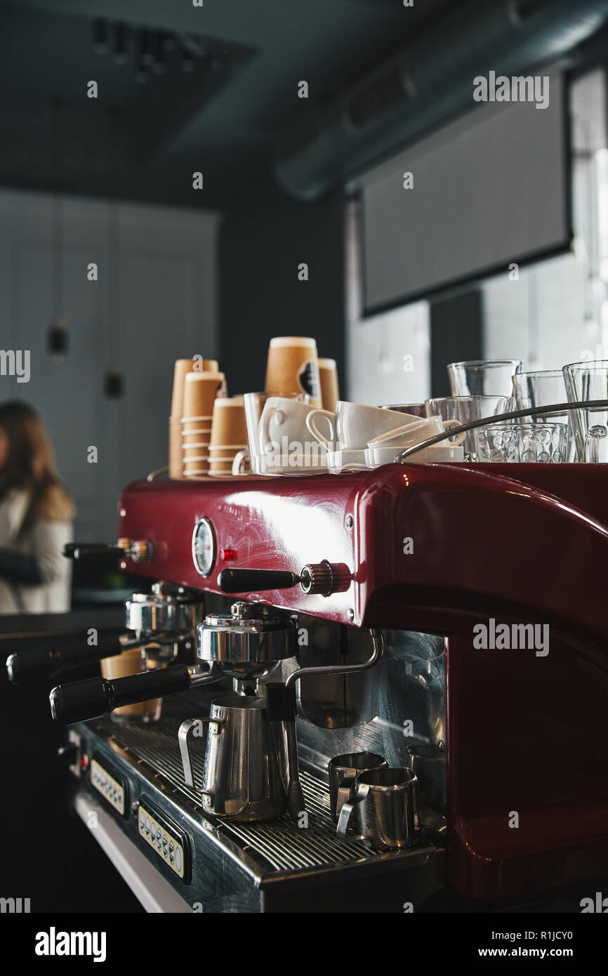 professional coffee machine with tools in coffeehouse Stock Photo - Alamy