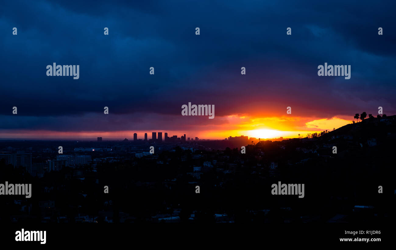 Hollywood, California skyline as viewed from Hollywood Hills. Sunset ...
